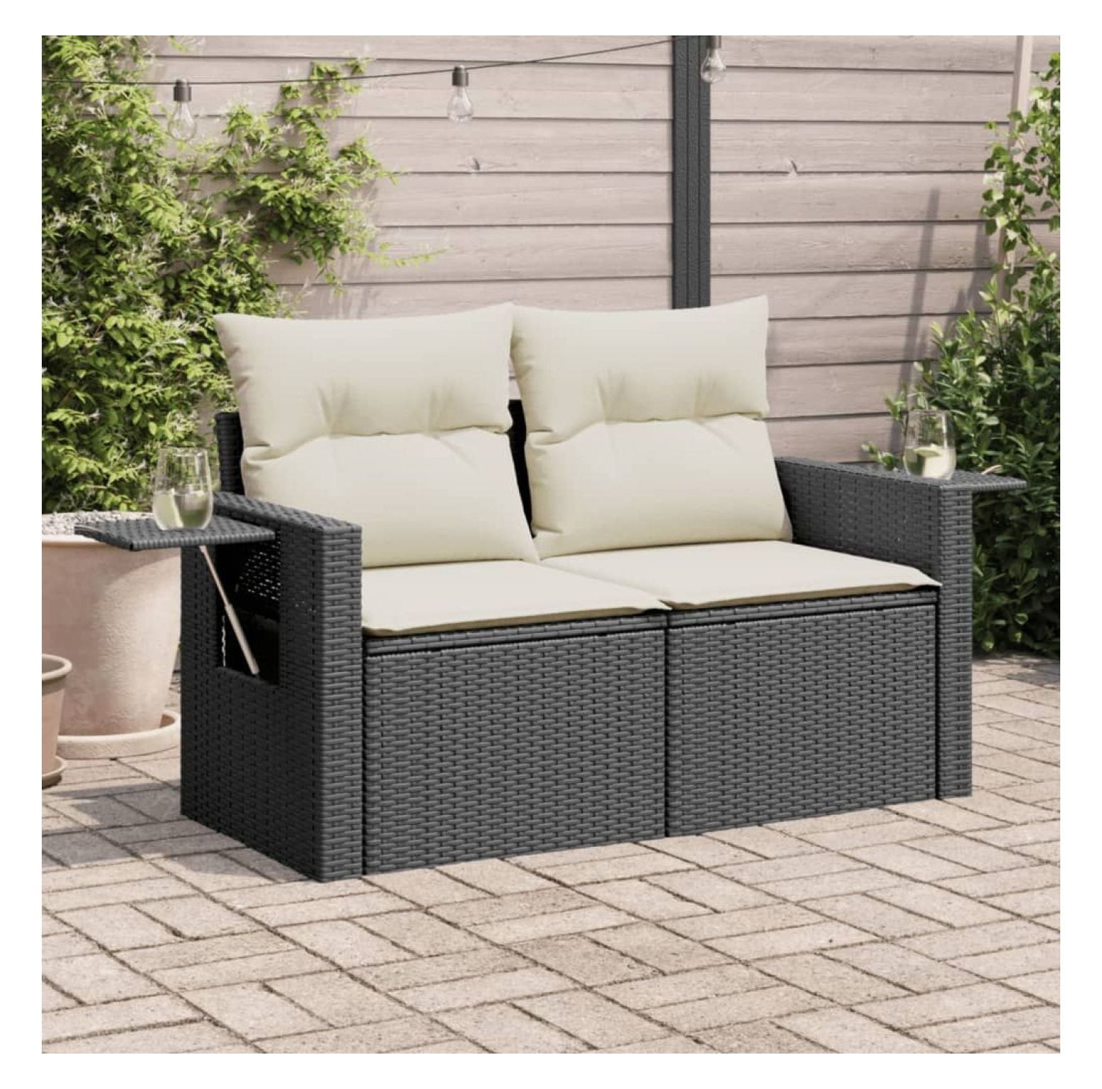 Garden Sofa Set 2-Seater, Black Poly Rattan Outdoor Patio Furniture ...
