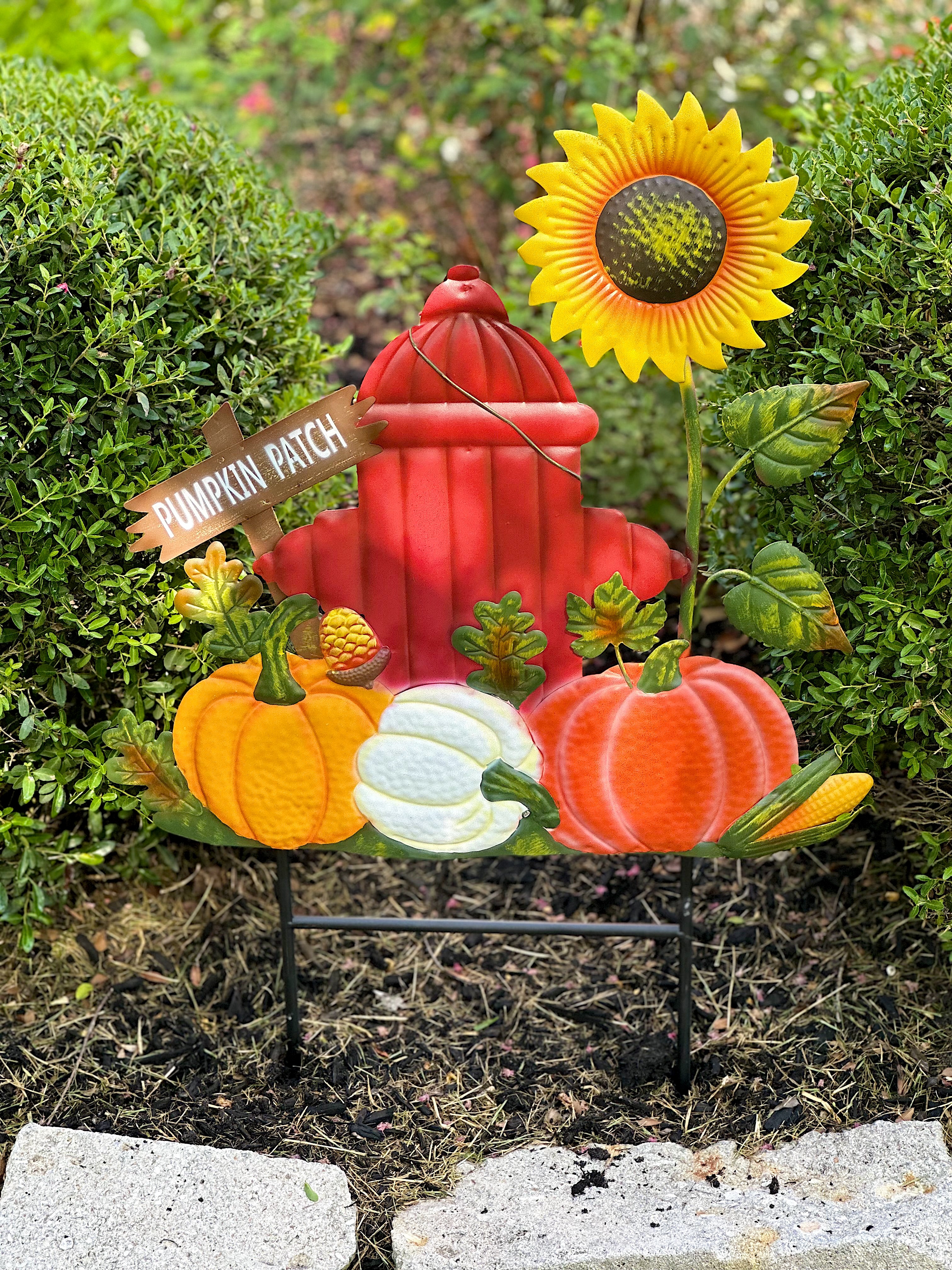 Garden Stake Pumpkin Patch Fire Hydrants & Sunflower Yard Decor Large ...