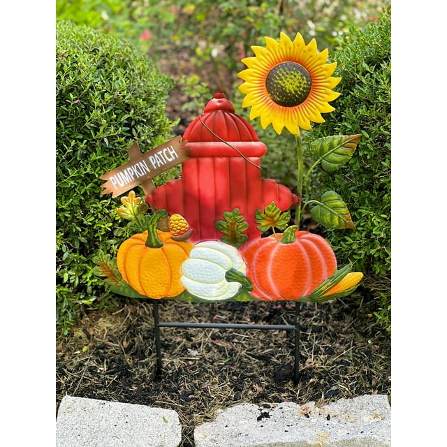 Garden Stake Pumpkin Patch Fire Hydrants & Sunflower Yard Decor Large ...