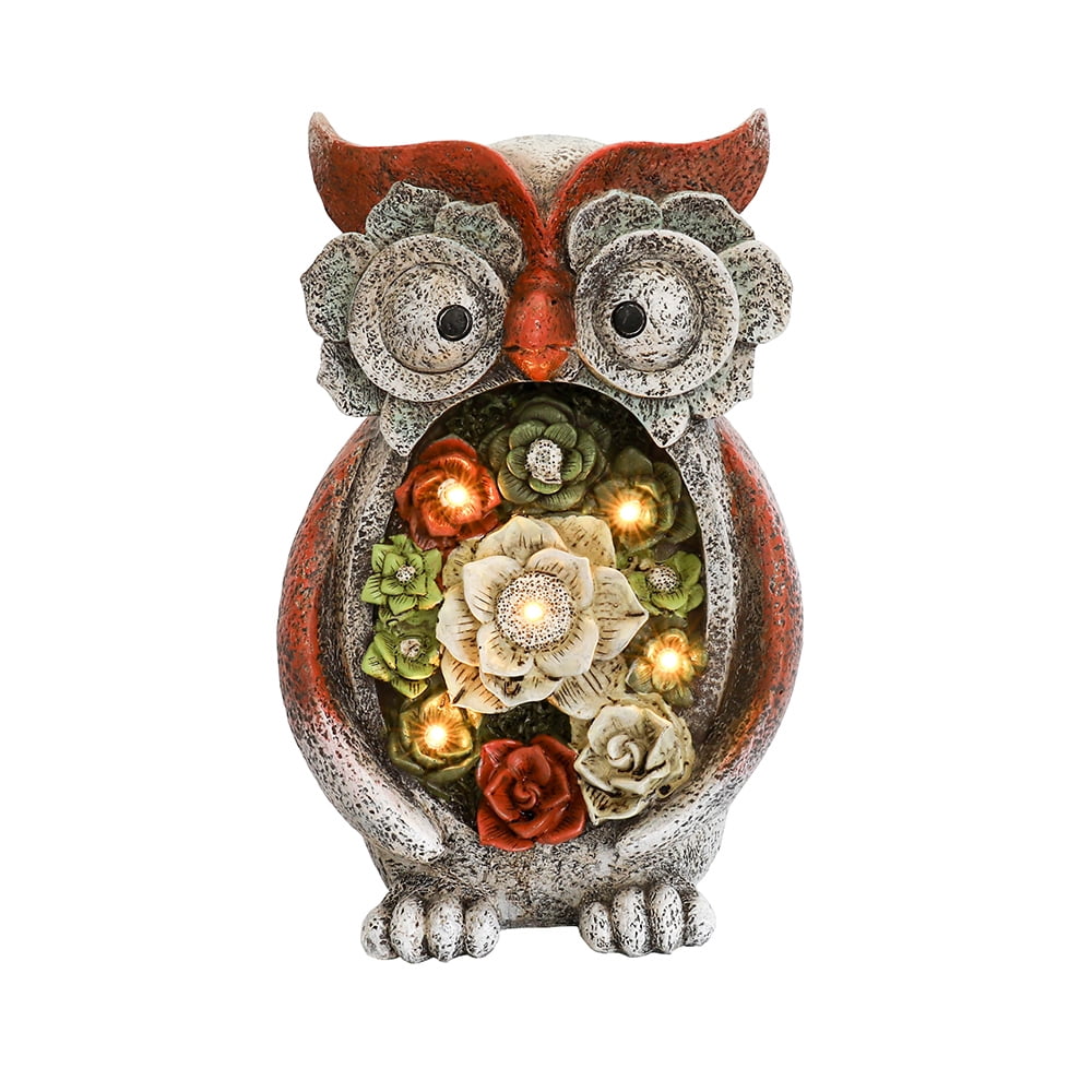 Garden Statue for Outside, Seizeen Owl Figurines w/ Succulent & 5 Solar ...