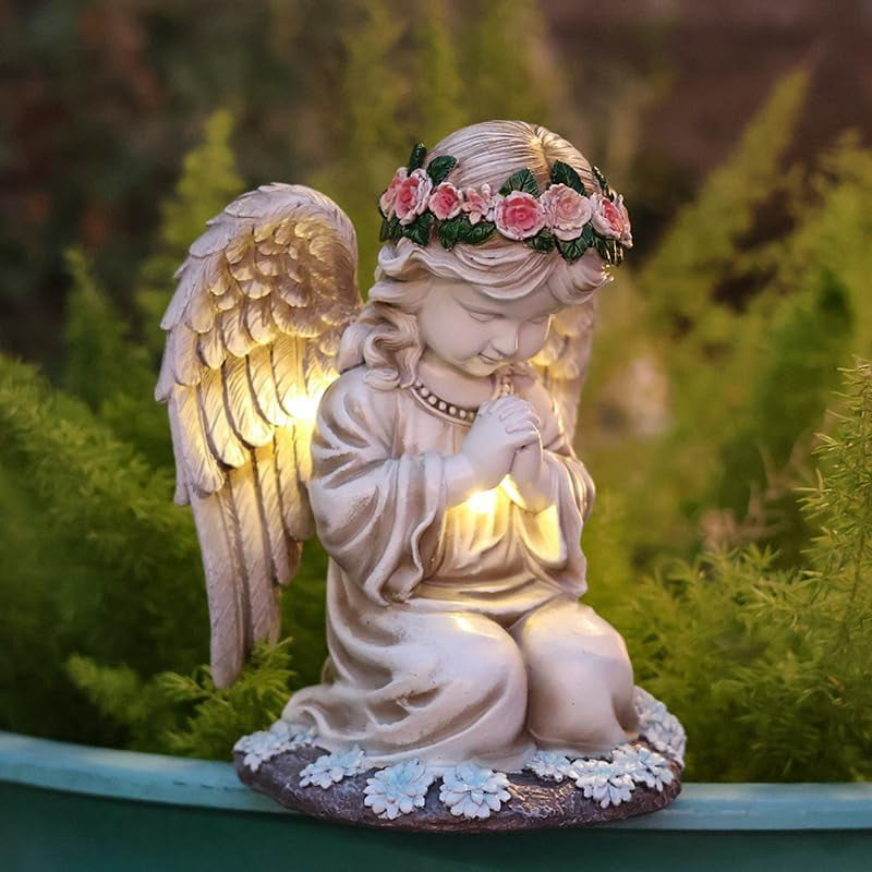 Garden Statues for Outside, 3 LED Solar Praying Angel Figurines ...