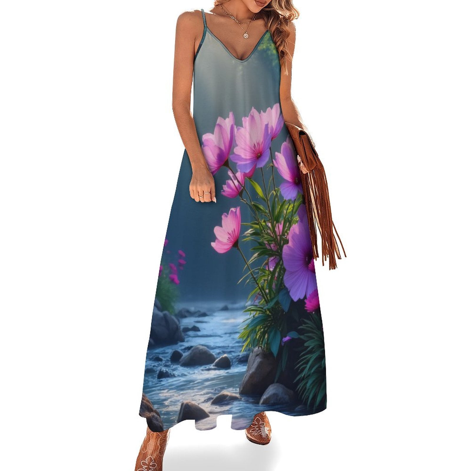 Garden Stream with Pink Flowers Sleeveless Dress Women's Luxury Party ...