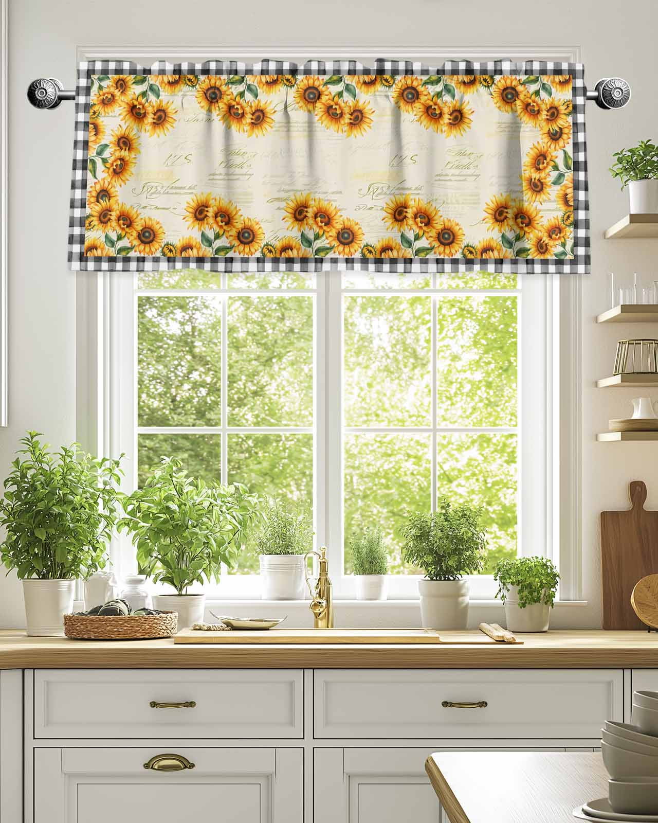 Garden Sunflower Buffalo Check Valances for Windows,Kitchen Valance Rod ...