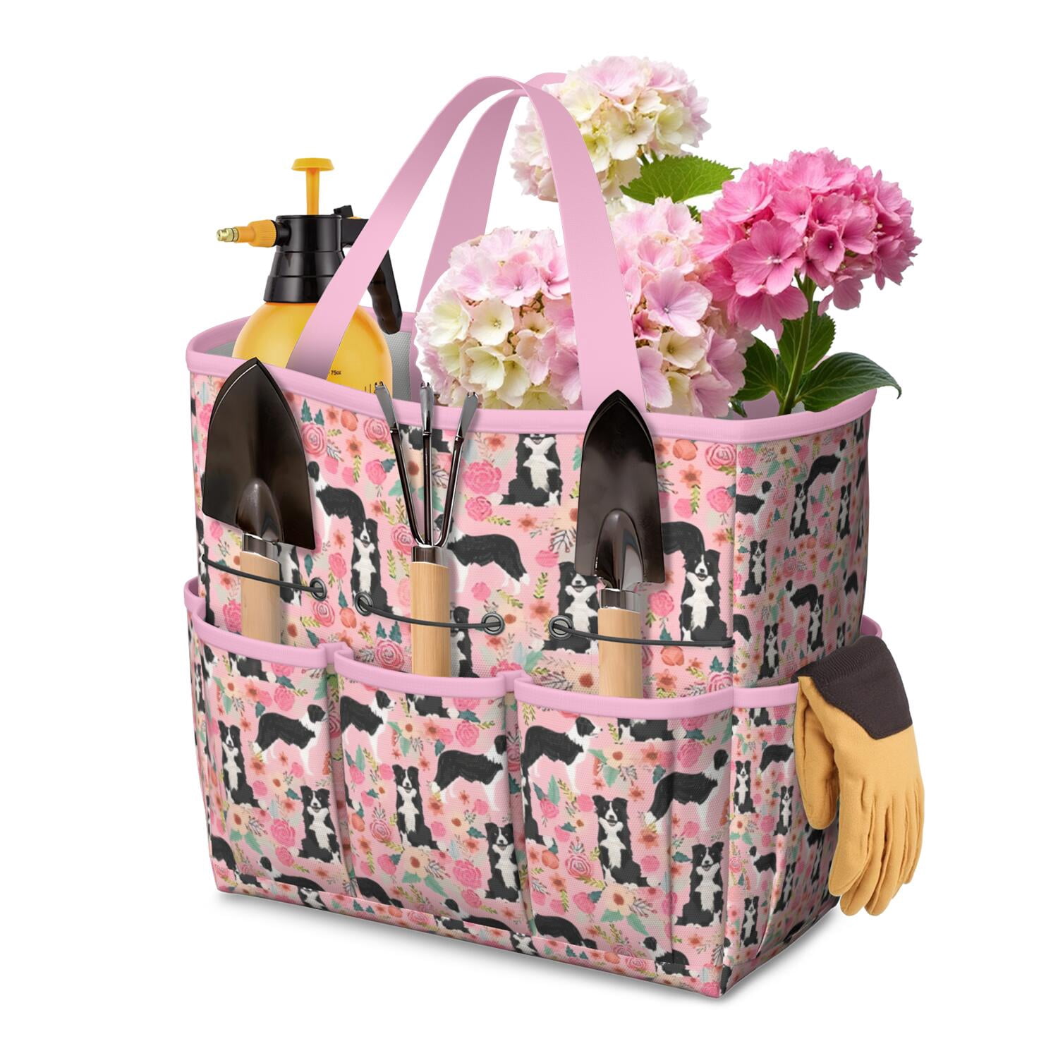Garden Tool Bag,Pink Border Collie Dog and Flower Floral Garden Tool ...