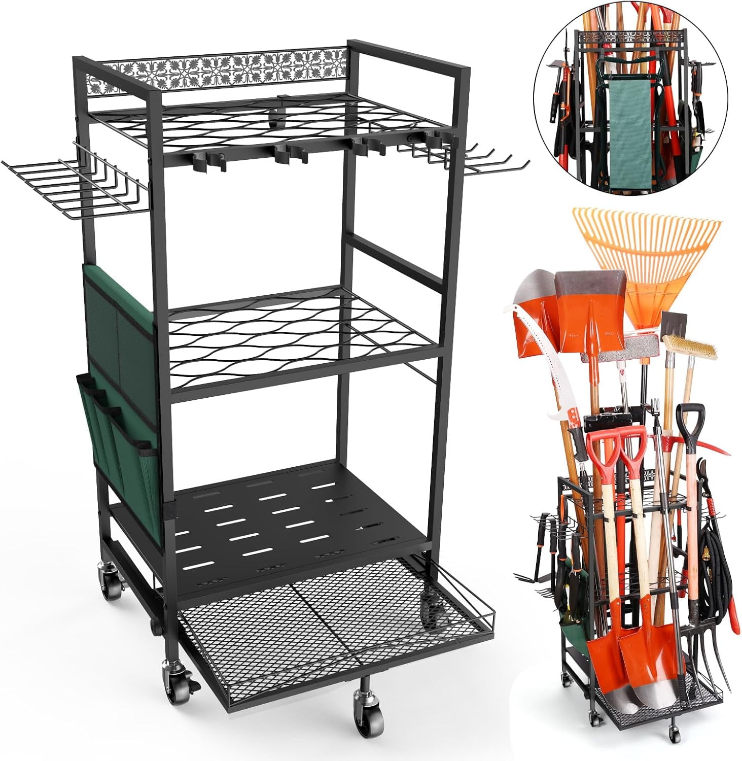 Garden Tool Organizer for Garage - Yard Tool Organizer Rack with Wheels ...