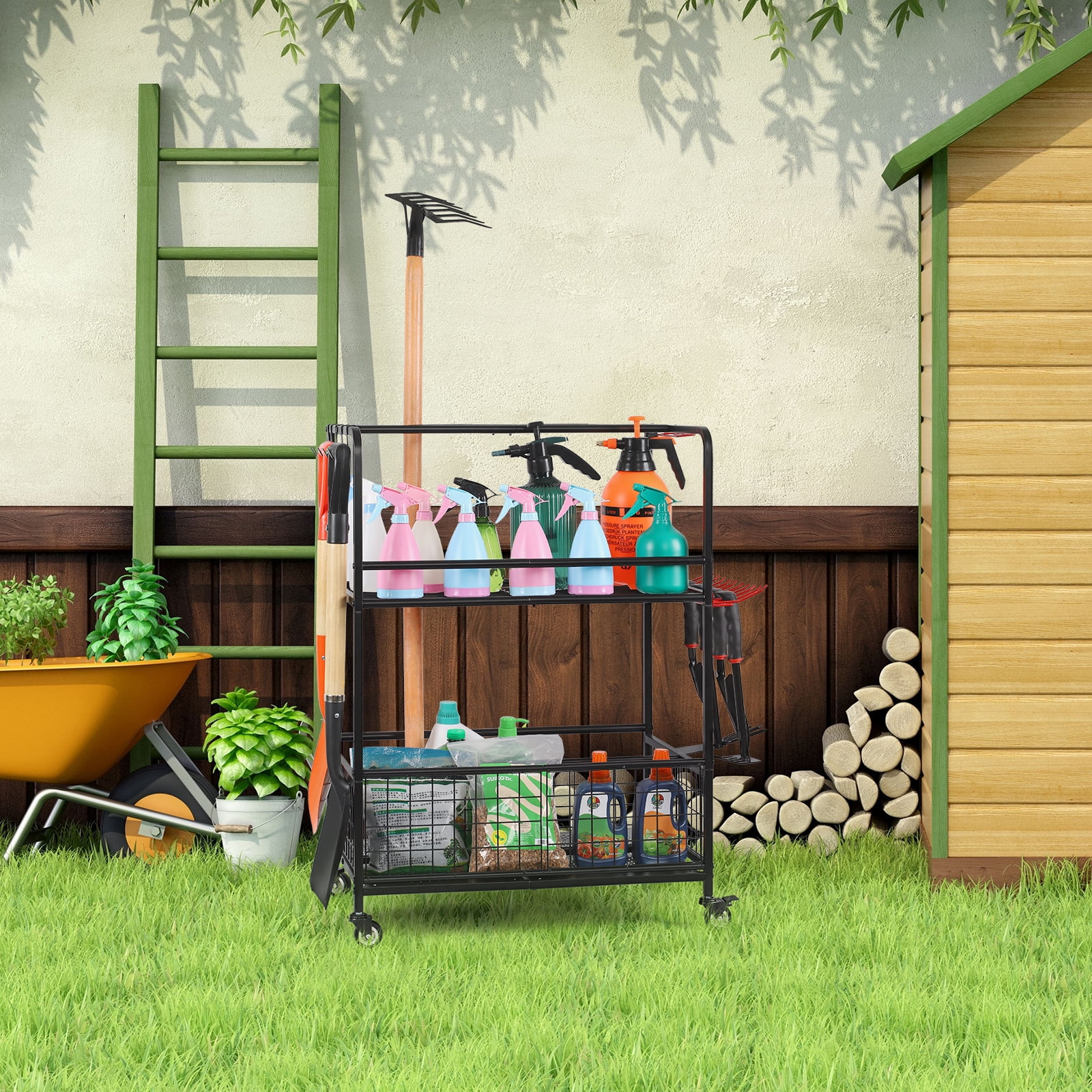 Garden Tool Organizer Rack with Wheels Garage Tool Holder Storage Stand ...
