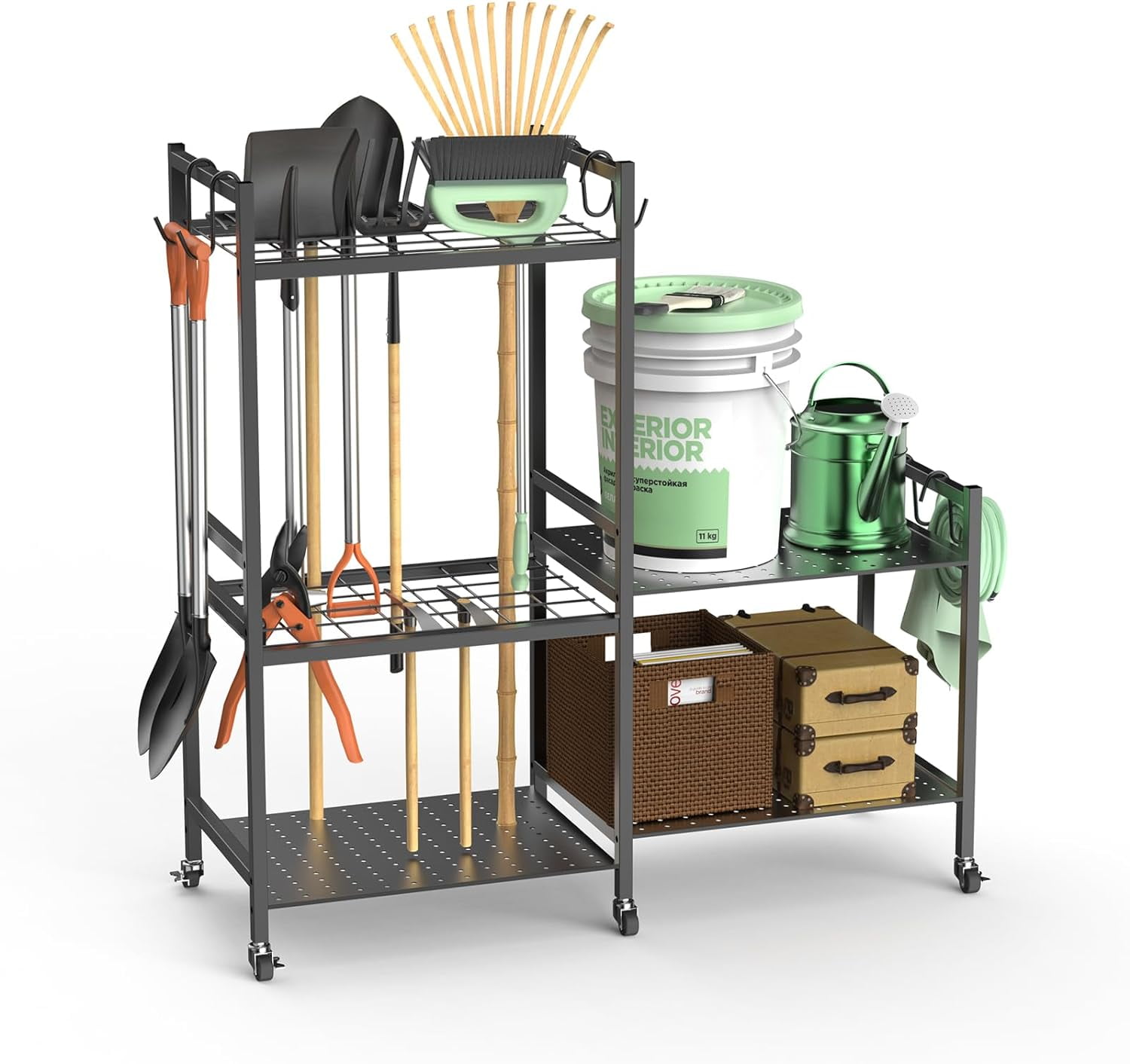 Garden Tool Organizer, Garden Tool Storage Rack with 6 Hooks and 2-tier ...