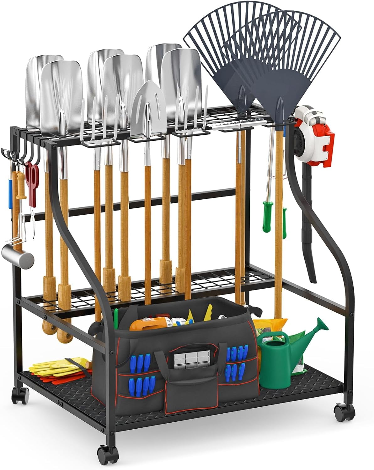 Garden Tool Organizer with Wheels, 3-Tier Yard Tool Storage with Hooks ...