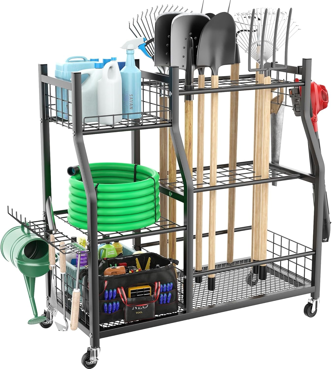 Garden Tool Organizer with Wheels for Garage, Large Storage Capacity ...