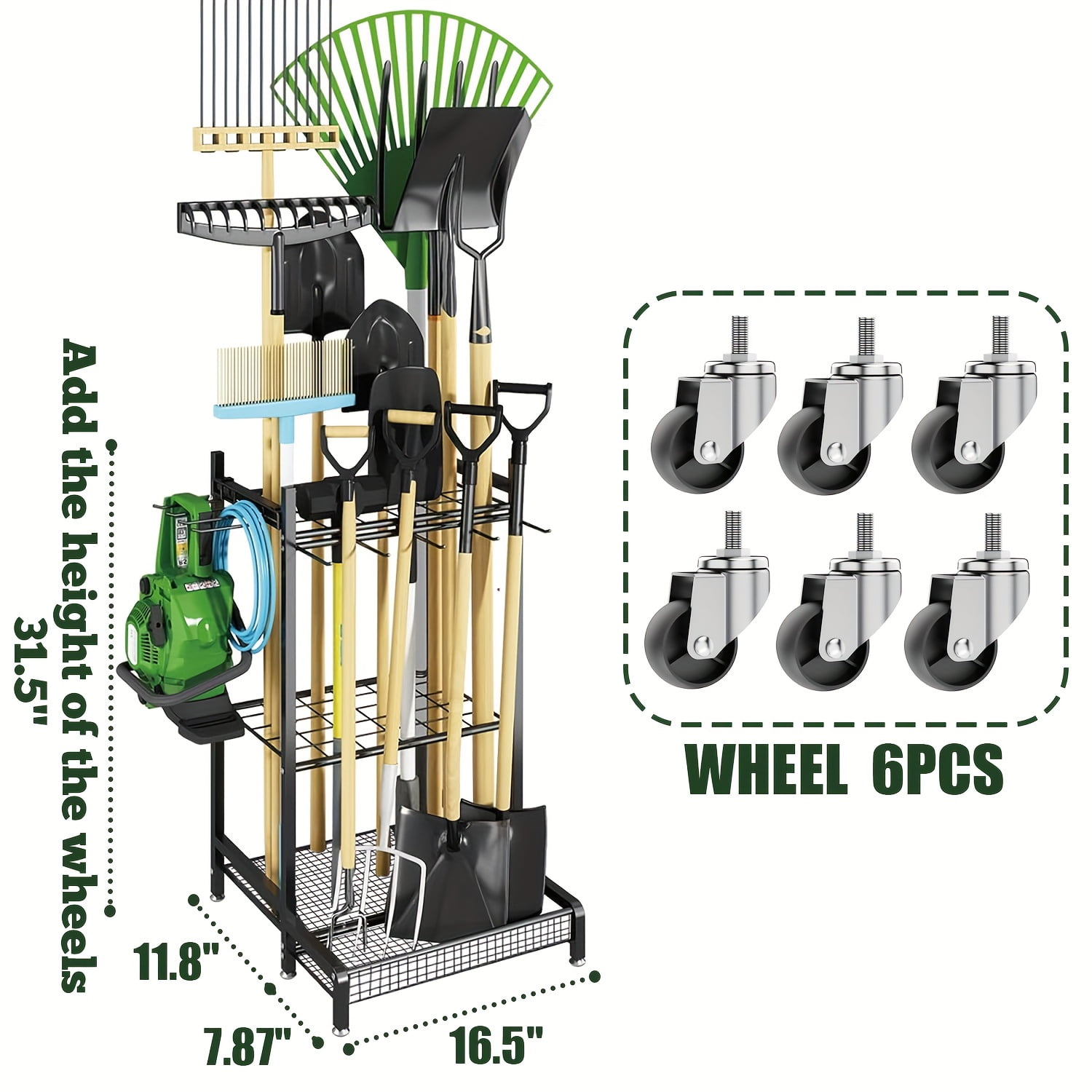 Garden Tool Organizer with Wheels, Yard Tool Tower Rack for Garage ...