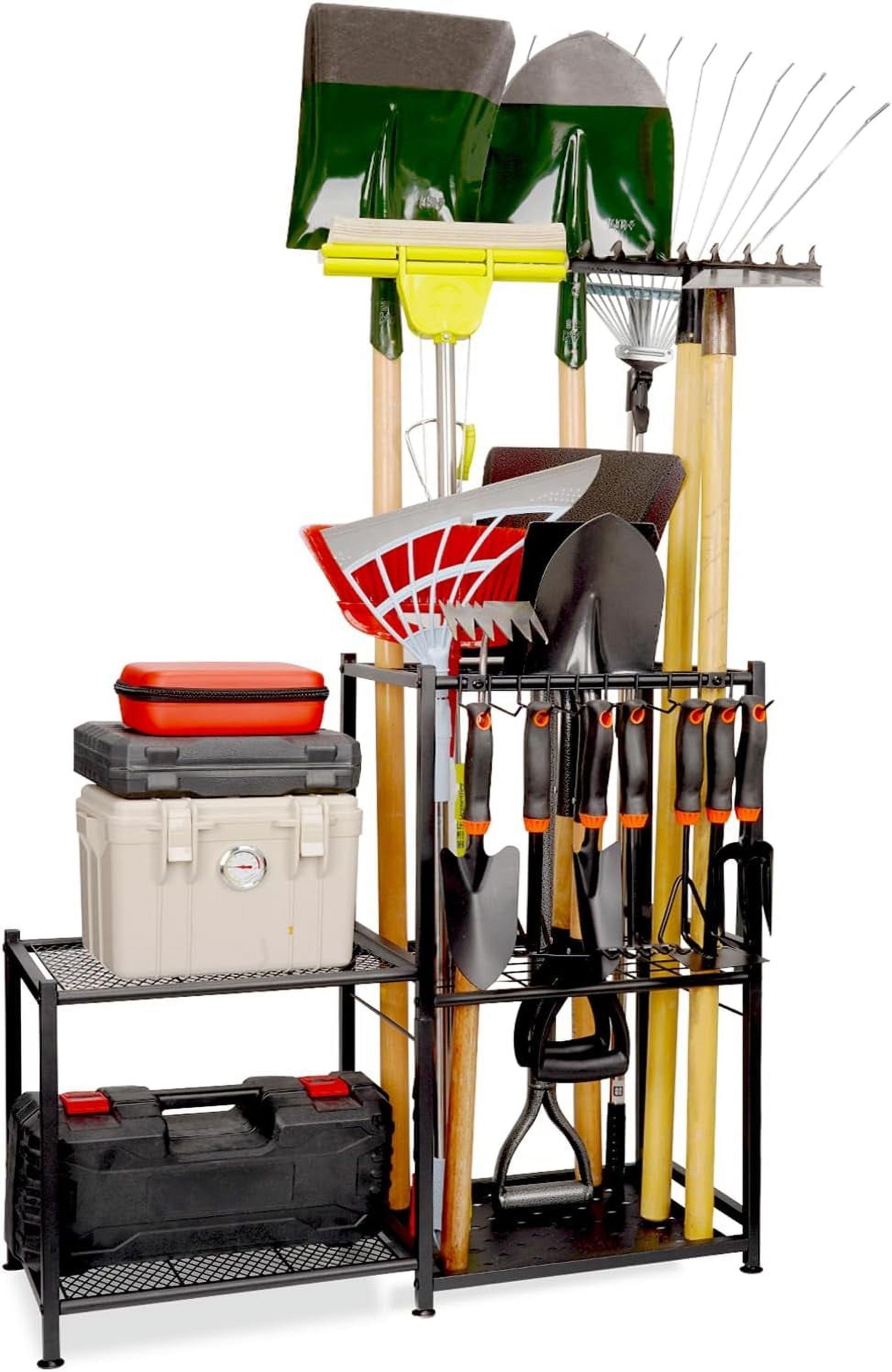 Garden Tool Organizer with 2-Tier Metal Shelves for Garage, Heavy Duty ...