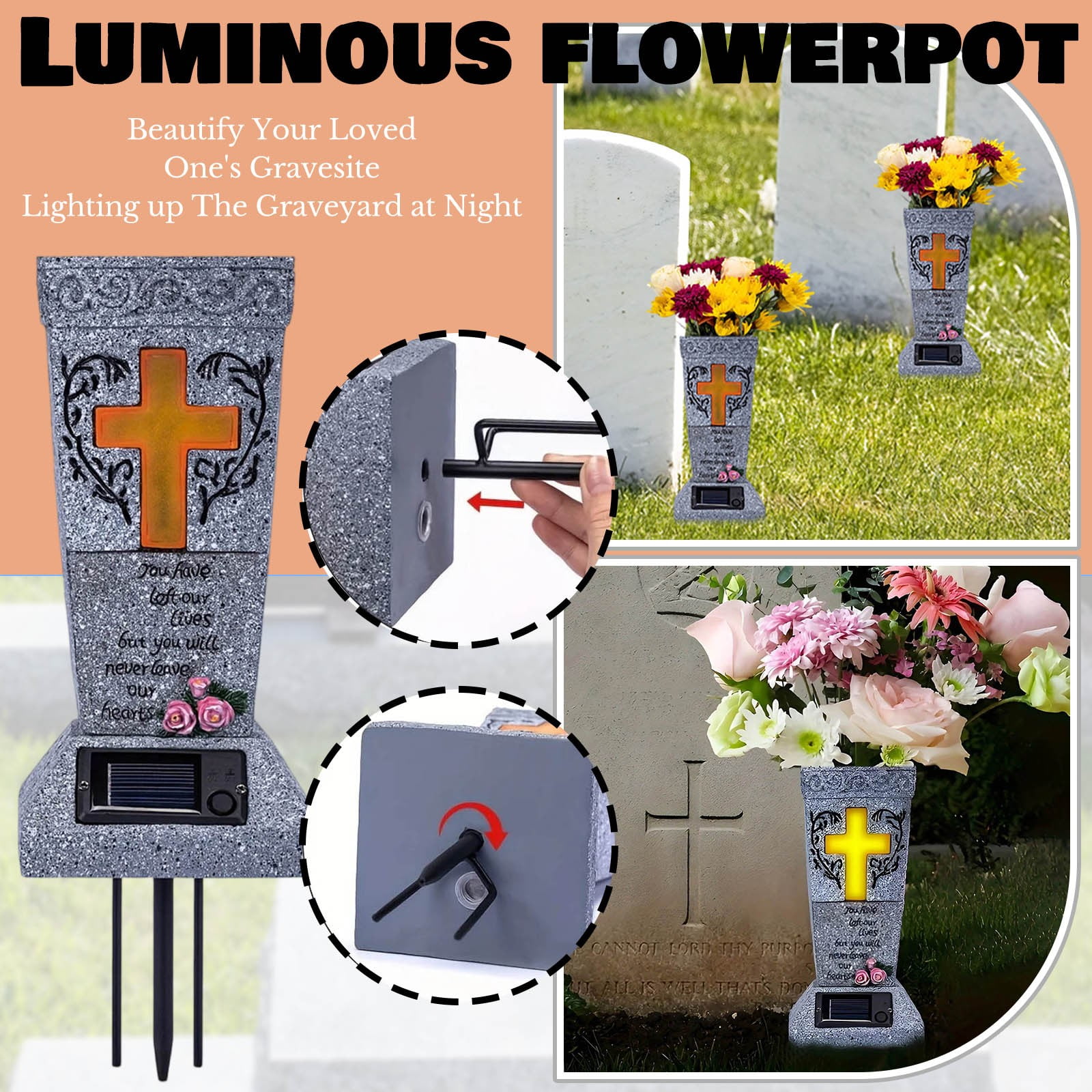 Garden Tools Solar Cemetery Grave Vase With LED For Fresh/Artificial ...
