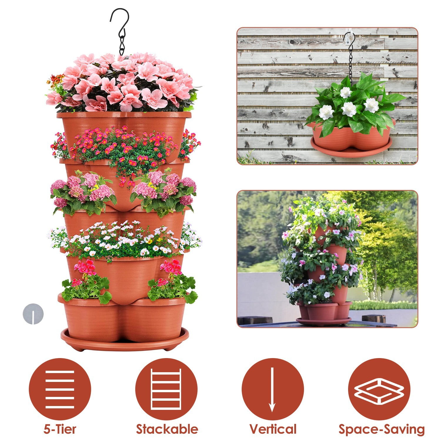 Garden Tower Pots 5 Tier Stackable Planters With Hanging Chain ...