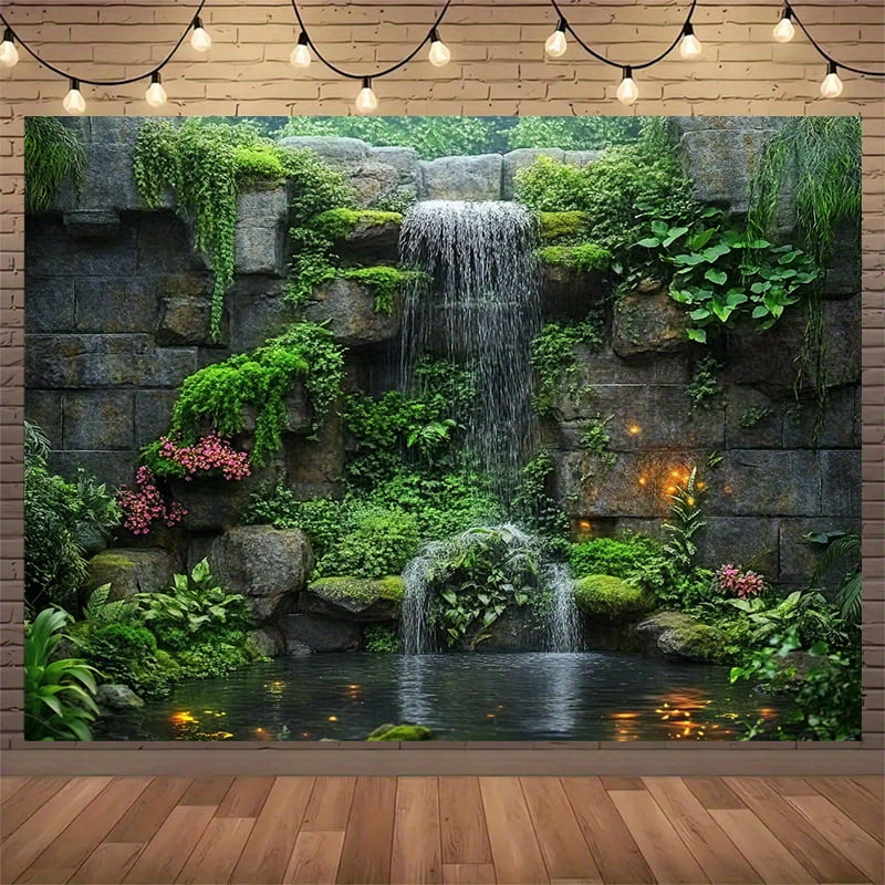 Garden Waterfall Wall Backdrop Green Leaves Rocks Flowing Water ...