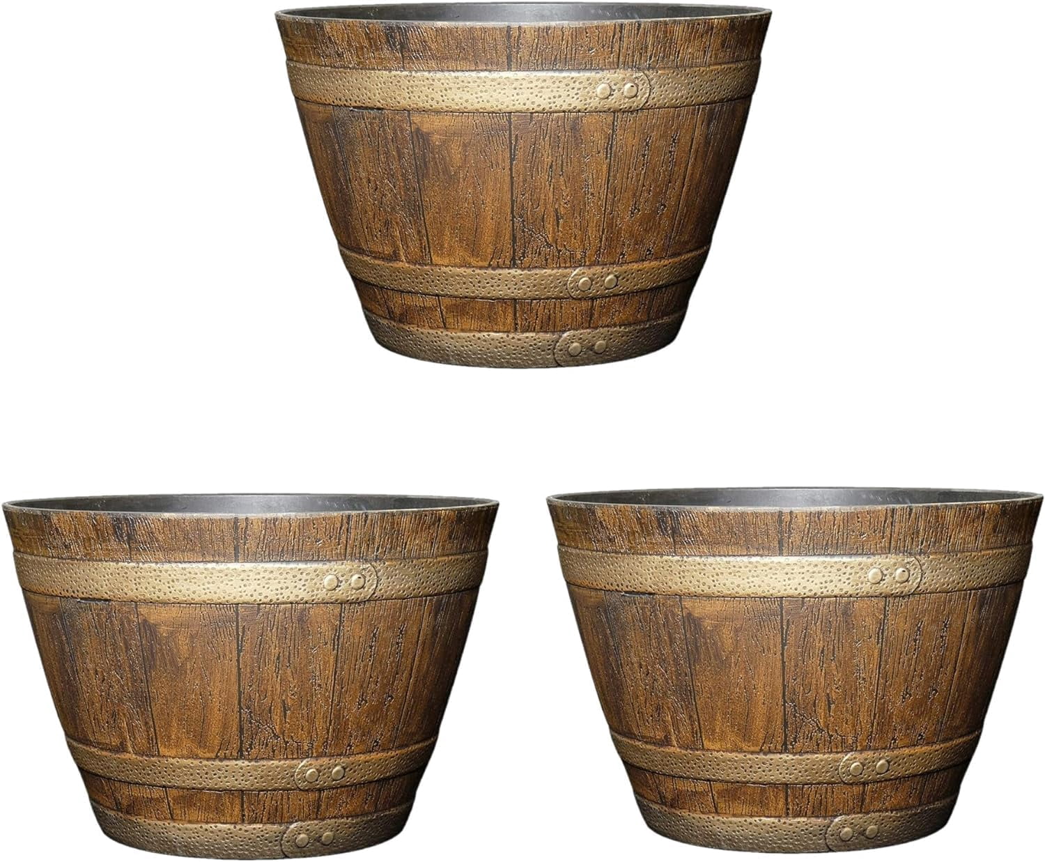 Resin Whiskey Barrel Flower Pot Outdoor Planter 15 Inch, Pack of 3, Oak ...