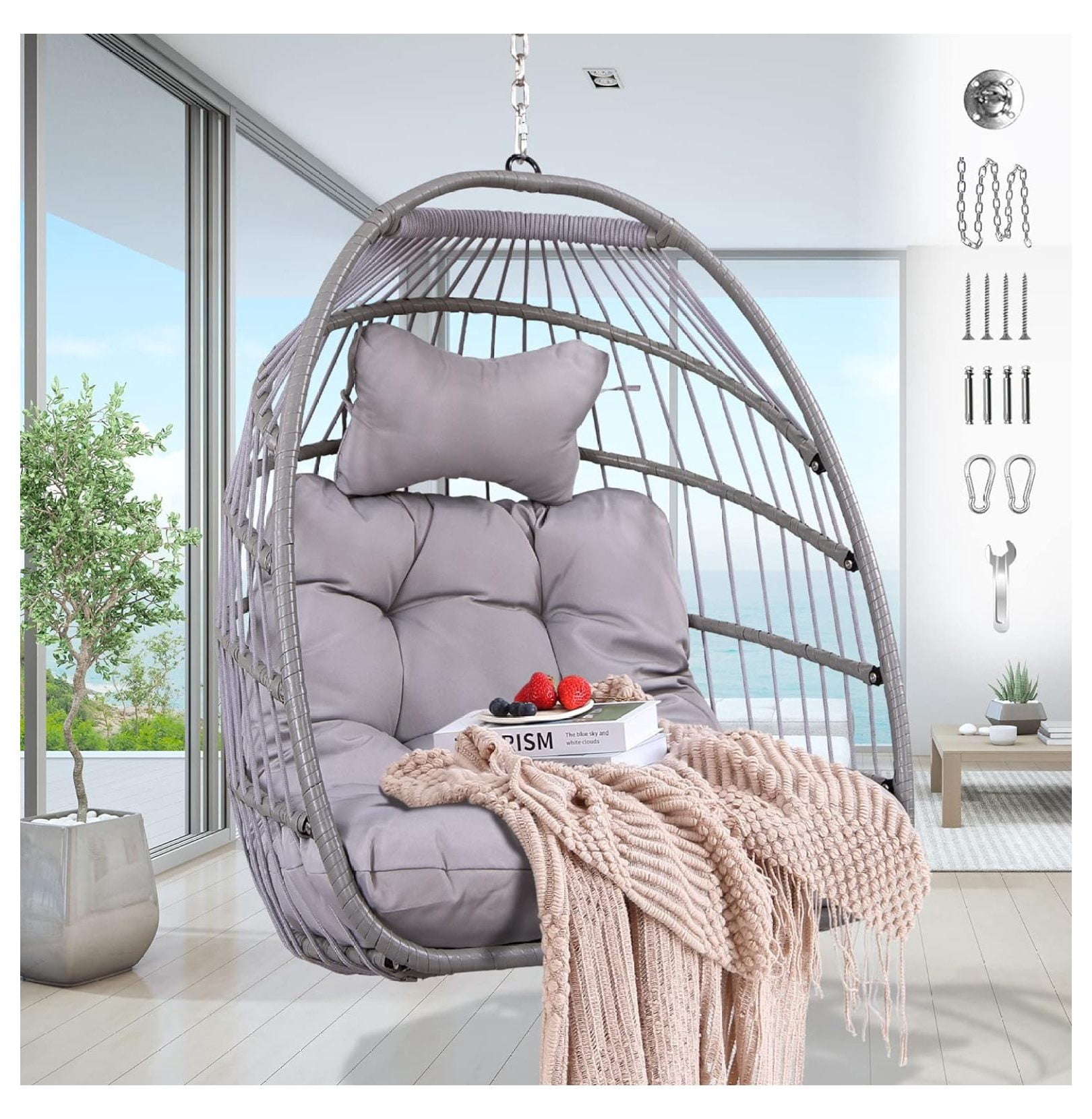 Adult Steel Egg Hanging Chair with Seat Cushion and Pillow, Silver Gray ...