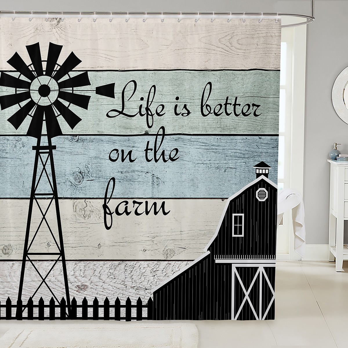 Garden Windmill Bath Curtain Rustic Retro Farm House Country Vintage ...