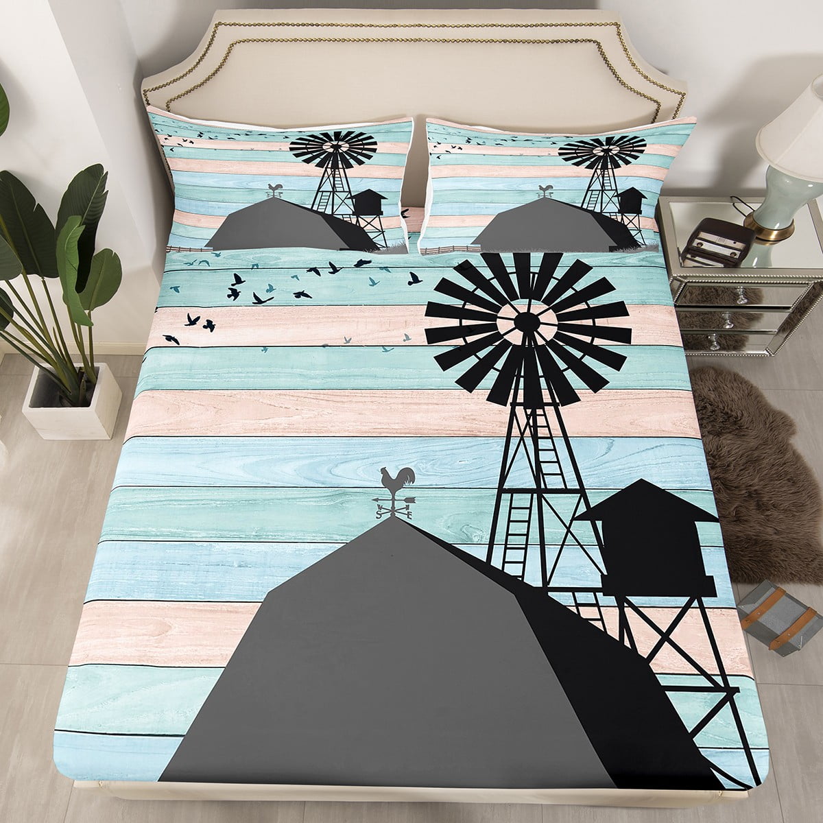 Garden Windmill Bed Sheets Windmill Decor Farmhouse Sheets Queen,Lodge ...
