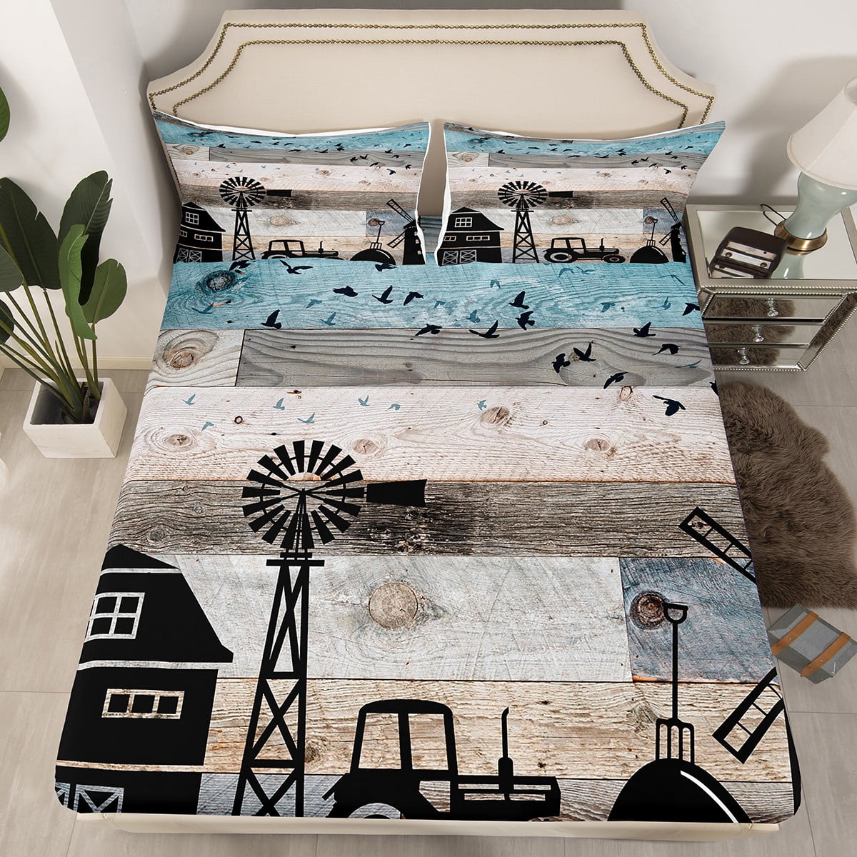 Garden Windmill Bed Sheets Windmill Decor Farmhouse Sheets Queen,Lodge ...