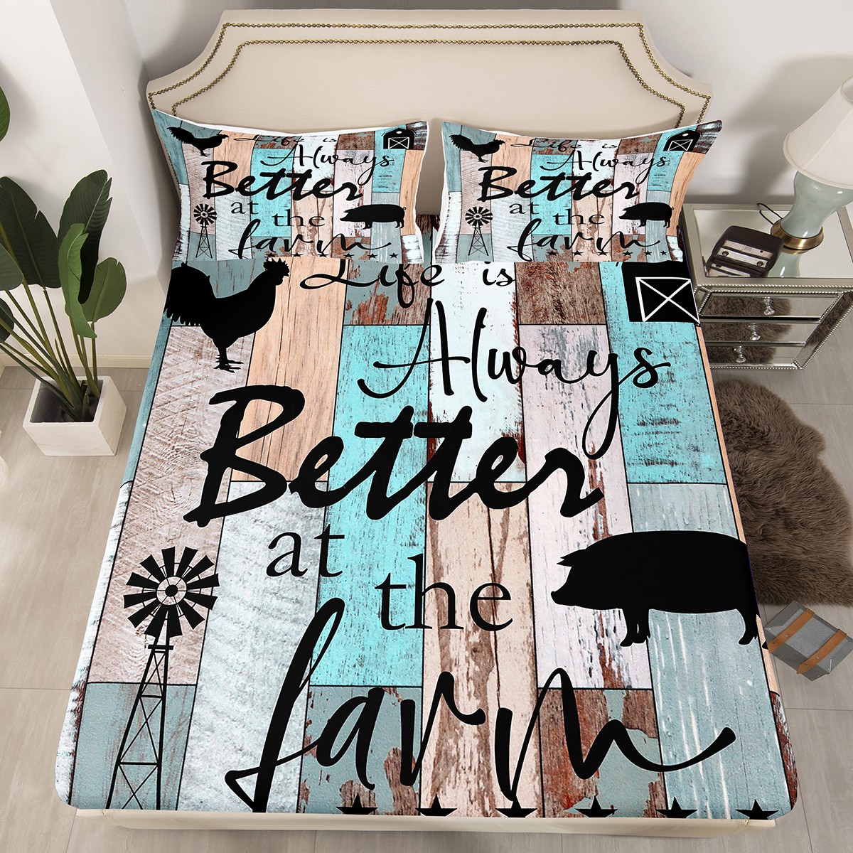 Garden Windmill Bed Sheets Full,Farm Animals Bedding Set Rooster Pig ...