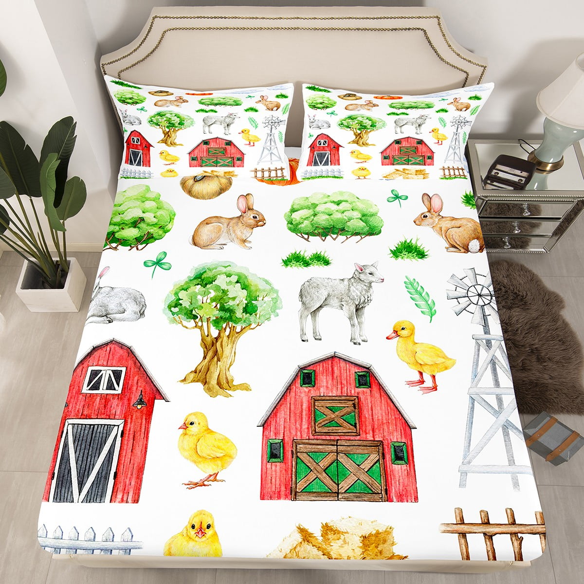 Garden Windmill Bed Sheets Red Barn Door Farm House Bedding Set Vintage ...