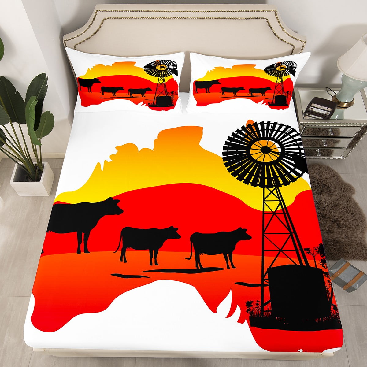 Garden Windmill Bed Sheets Windmill Decor Farmhouse Bedding Set,Milk ...
