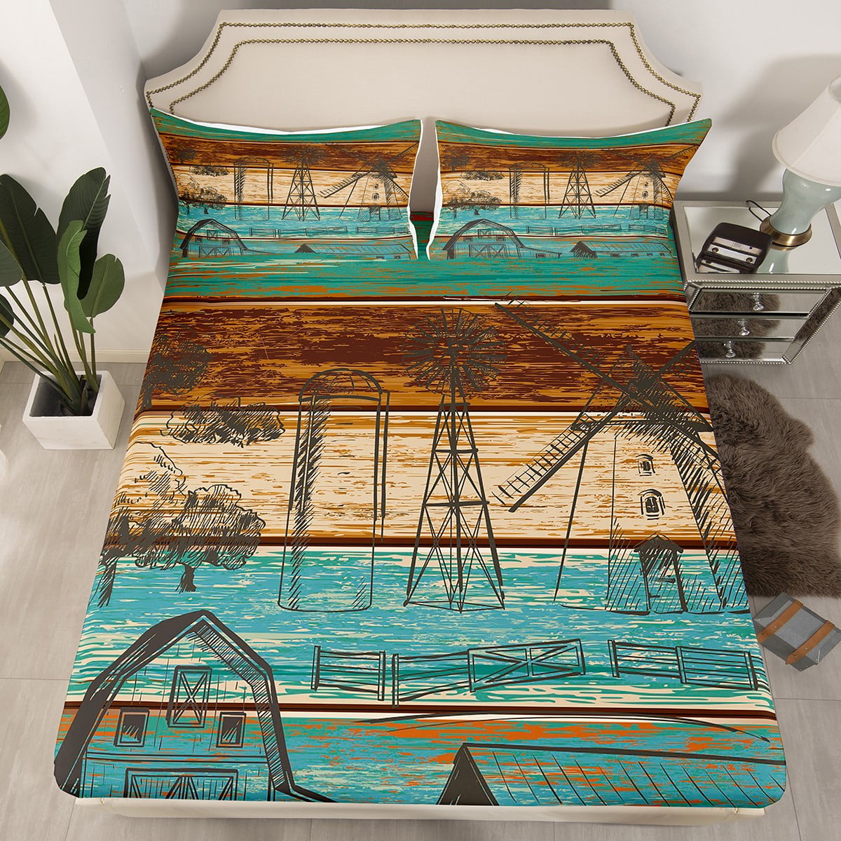 Garden Windmill Bed Sheets Windmill Decor Farmhouse Sheets Queen,Lodge ...
