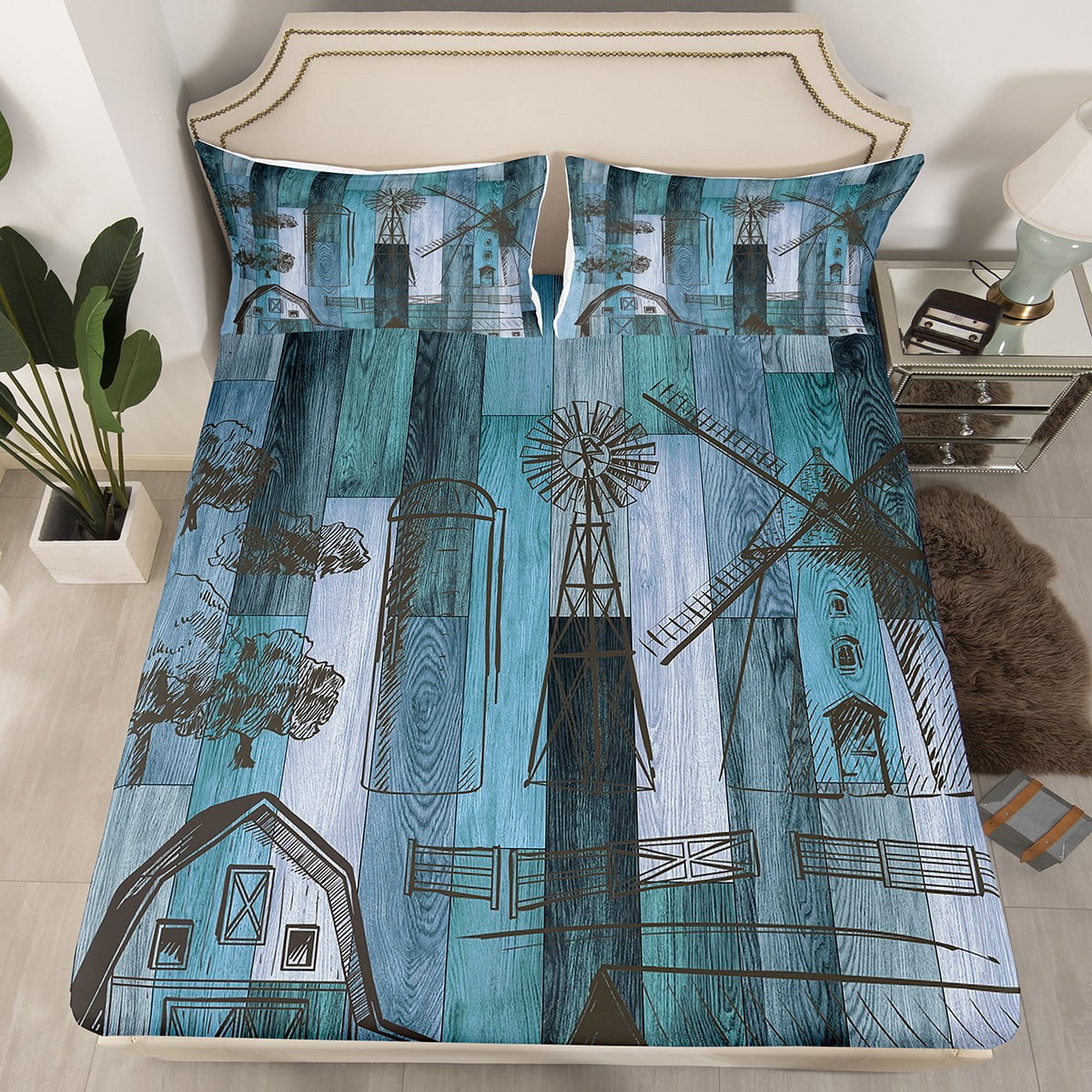 Garden Windmill Bed Sheets Windmill Decor Farmhouse Sheets Queen,Lodge ...