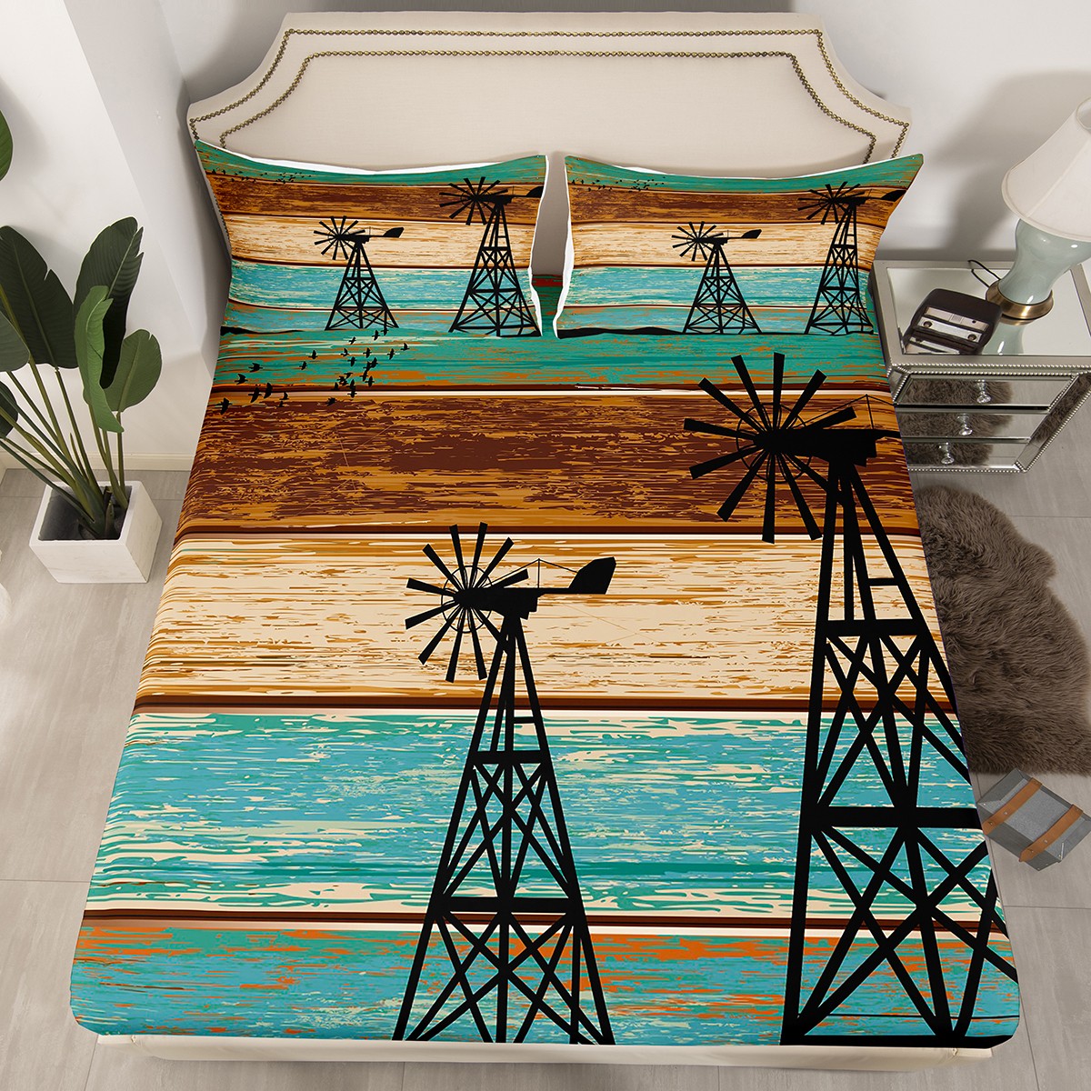 Garden Windmill Bed Sheets Windmill Decor Farmhouse Sheets Queen,Lodge ...