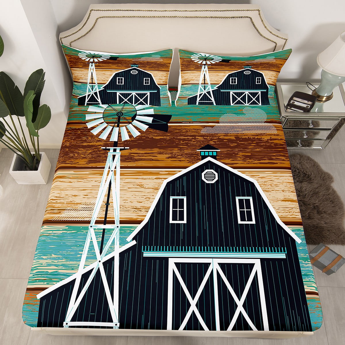 Garden Windmill Bed Sheets Windmill Decor Farmhouse Sheets Queen,Lodge ...