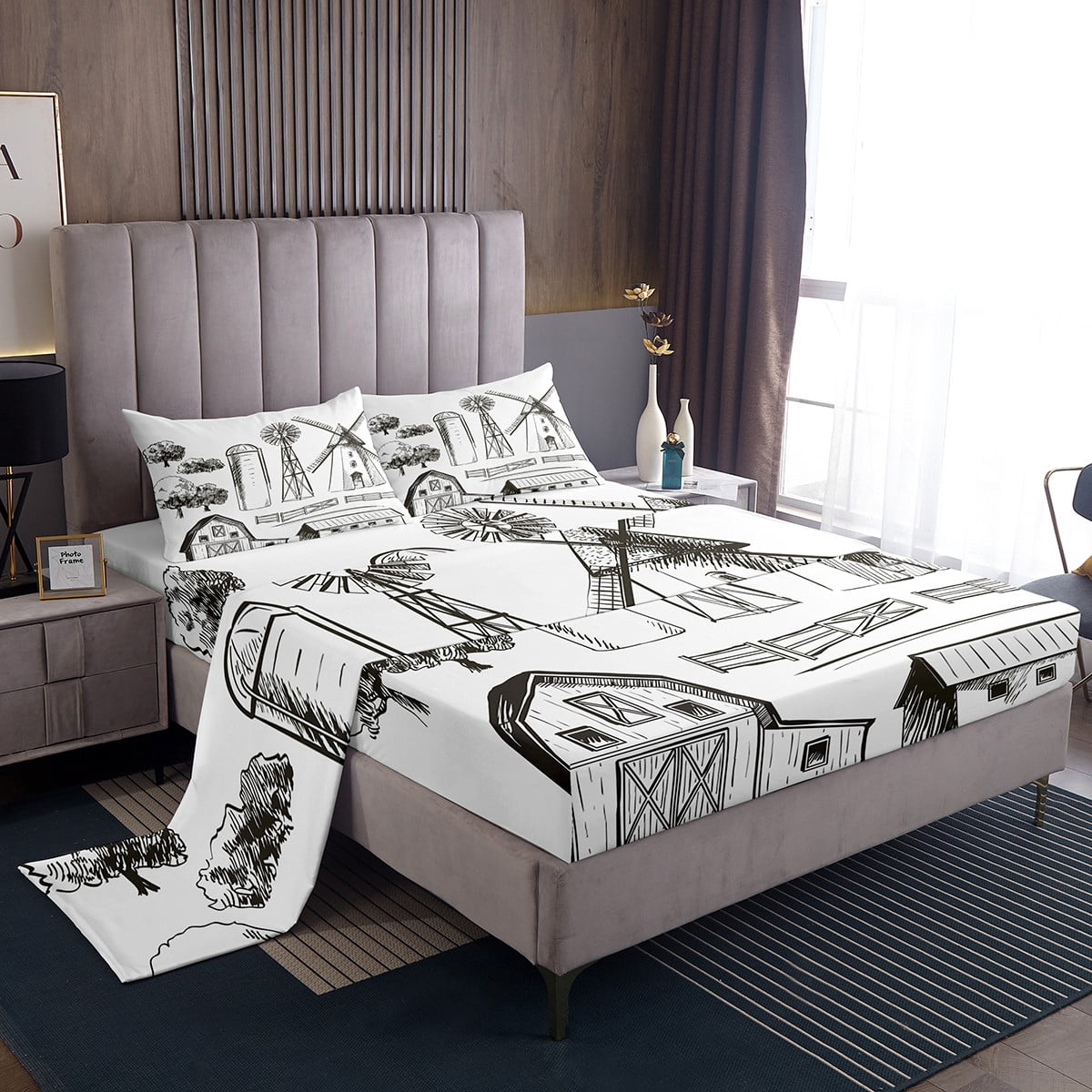 Garden Windmill Bed Sheets Set Farmhouse Sheet Set Black And White ...