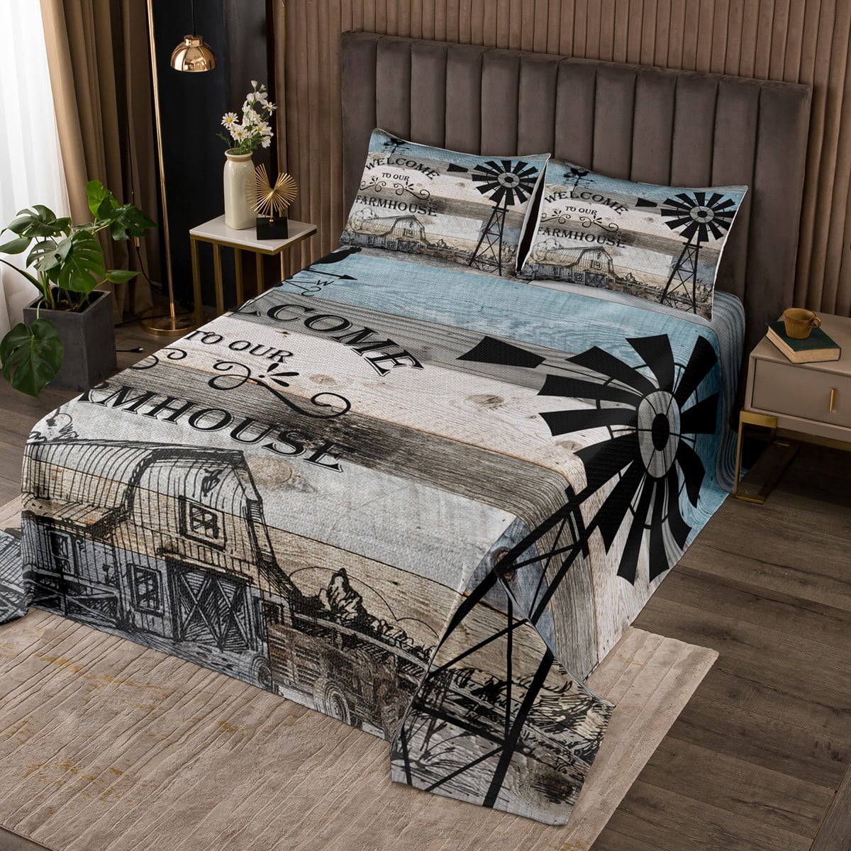 Garden Windmill Bedspread Set Rustic Retro Farm House Coverlet Set ...