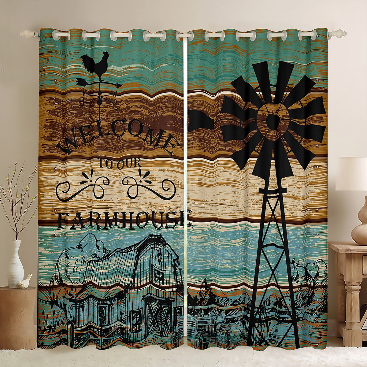 Garden Windmill Curtains & Drapes Rustic Retro Farm House Country ...