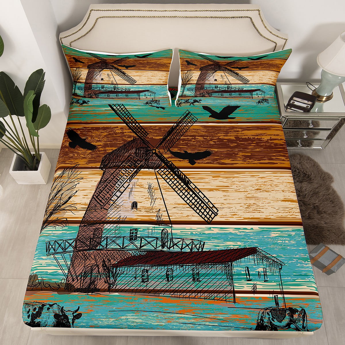 Garden Windmill Decor Farmhouse Bed Sheets Queen,Vintage Farm House ...