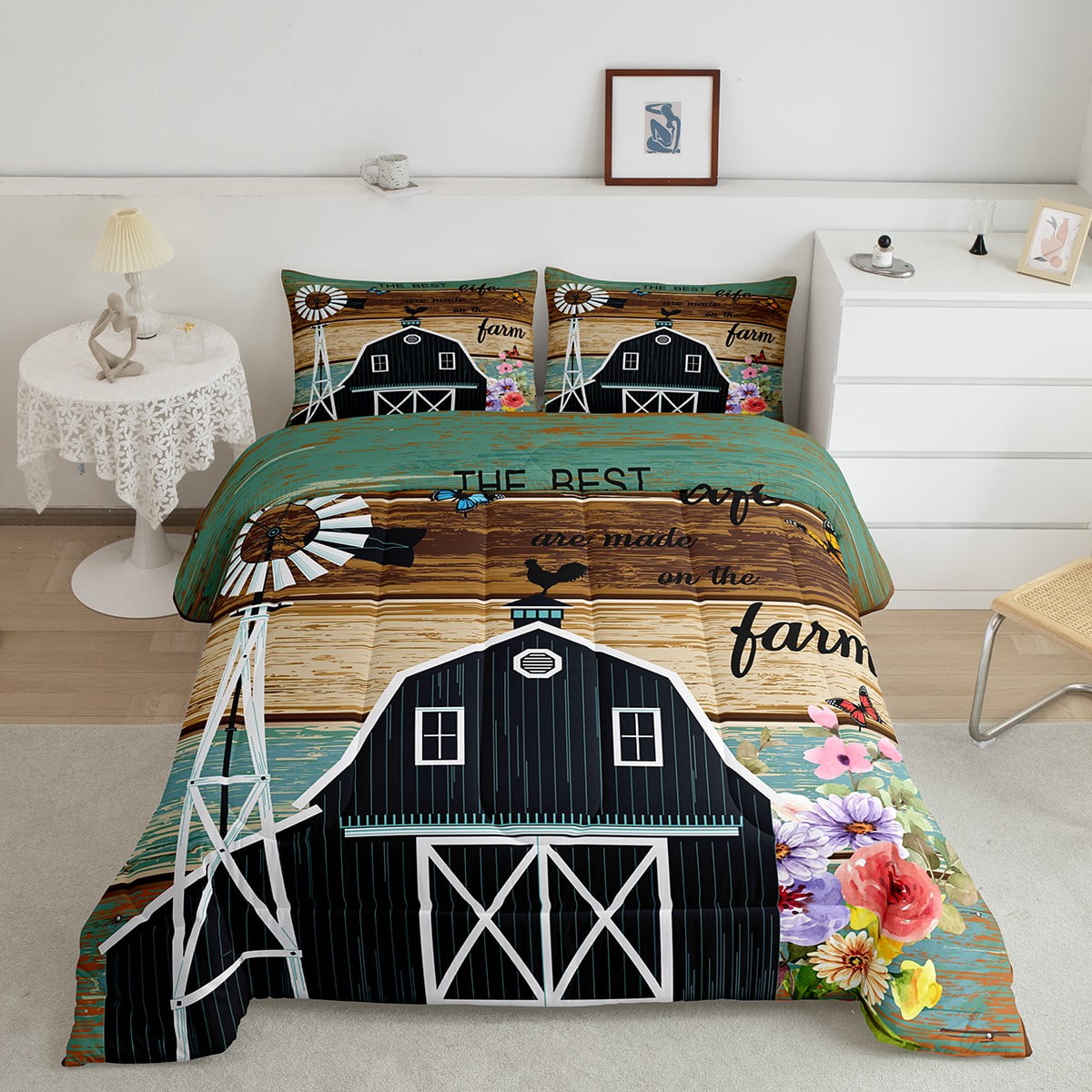Garden Windmill Decor Farmhouse Bedding Set Full,Rustic Butterfly ...