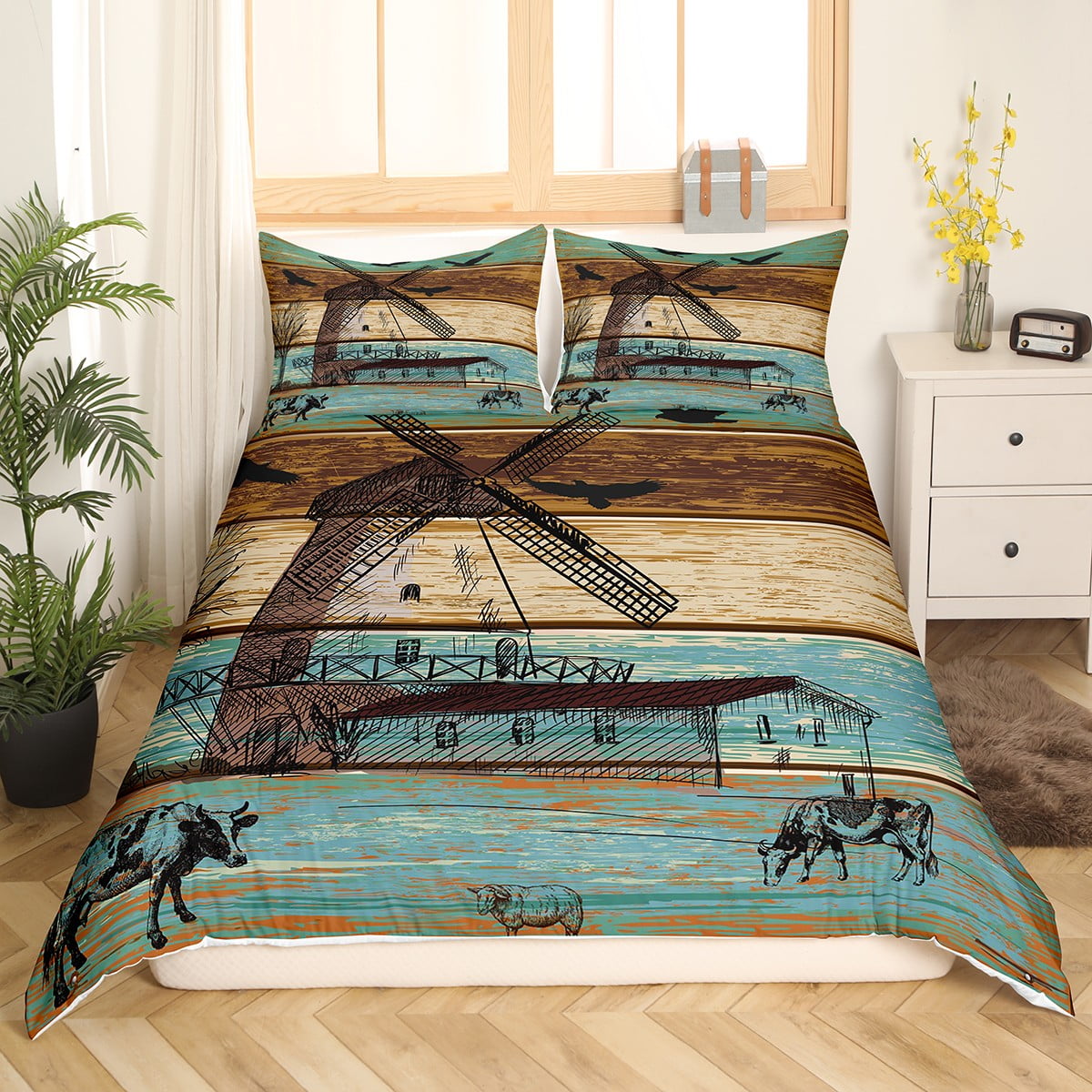 Garden Windmill Decor Farmhouse Bedding Set Full,Vintage Farm House ...
