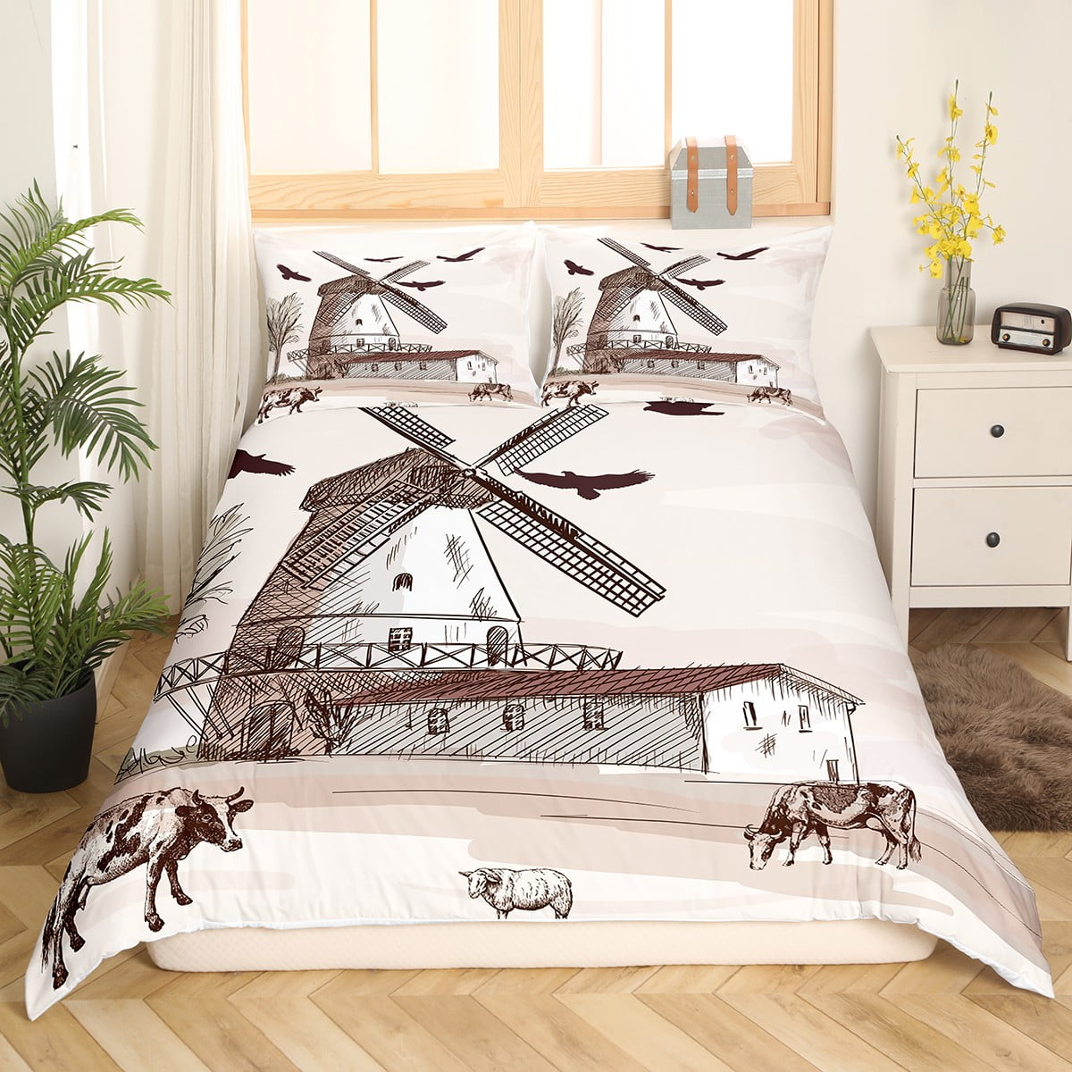 Garden Windmill Decor Farmhouse Bedding Set King,Vintage Farm House ...