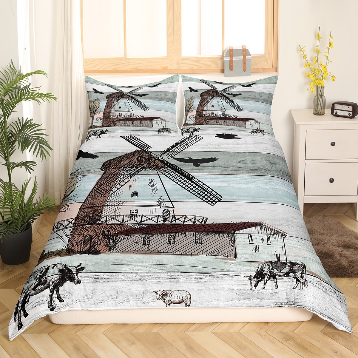Garden Windmill Decor Farmhouse Bedding Set Vintage Farm House ...