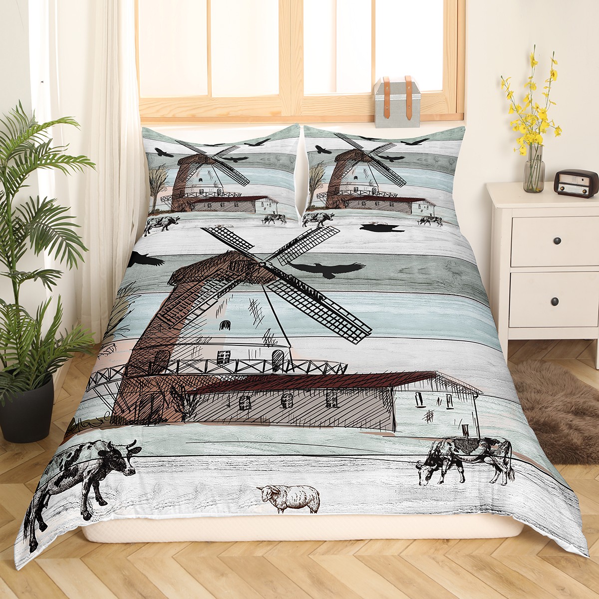 Garden Windmill Decor Farmhouse Bedding Set Vintage Farm House ...