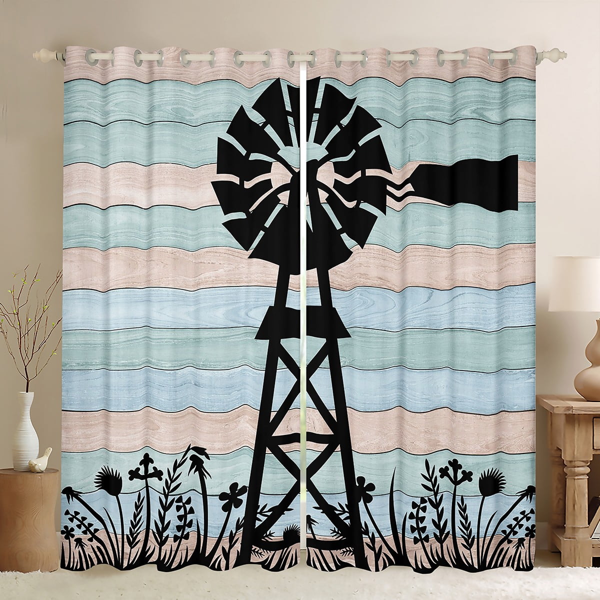 Garden Windmill Decor Farmhouse Blackout Curtains,Lodge Cabin Wooden ...