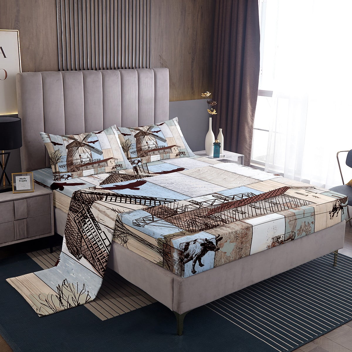 Garden Windmill Decor Farmhouse Sheet Set King,Retro Farm House Sheets ...