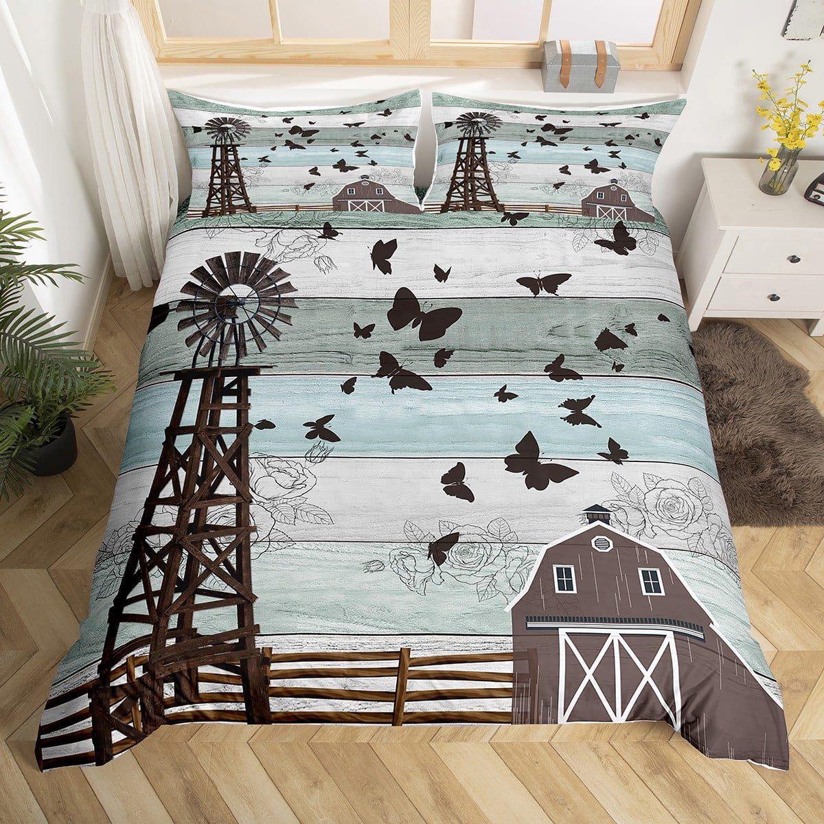 Garden Windmill Duvet Cover Queen,Pinwheel Winnower Bedding Set Animal ...