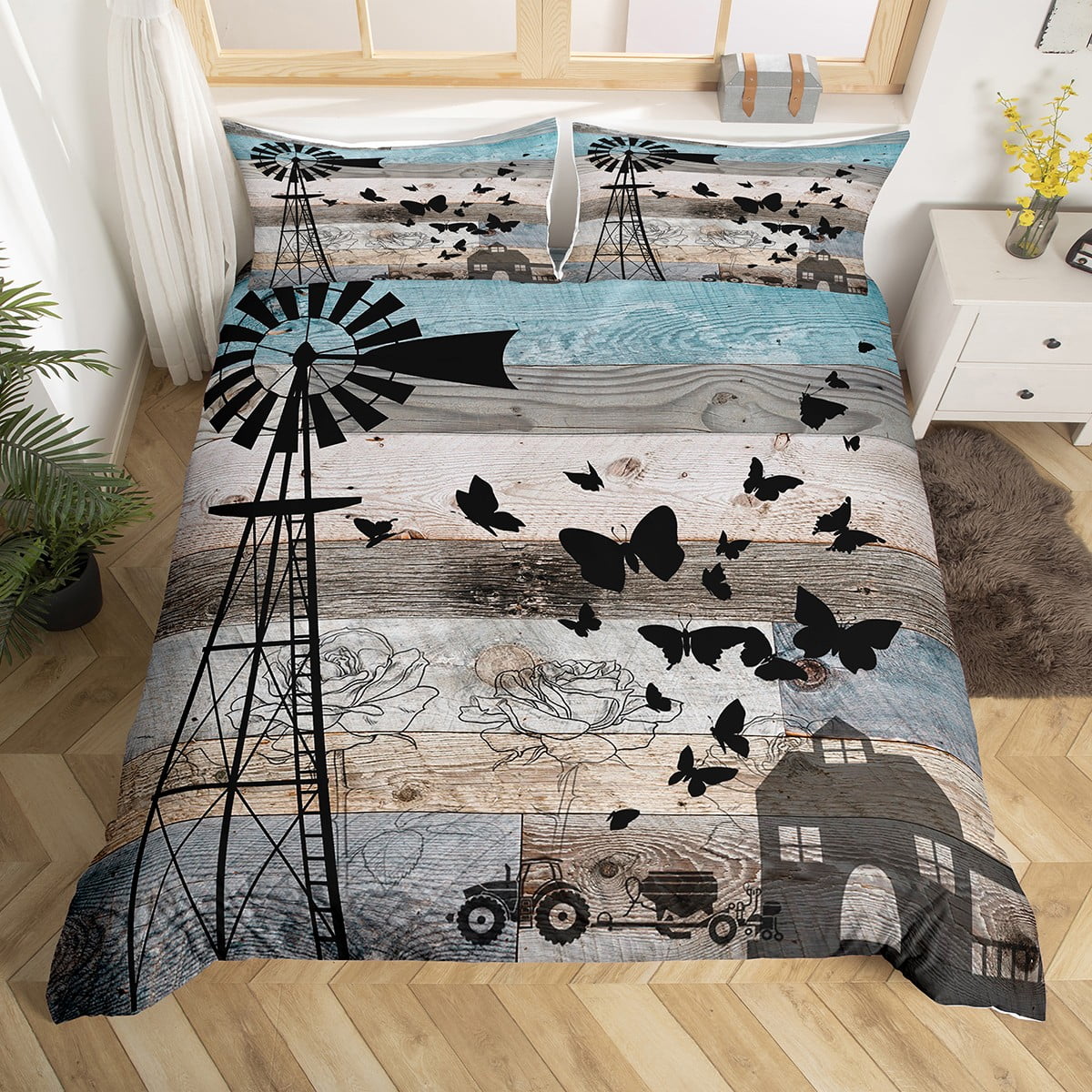 Garden Windmill Duvet Cover Queen,Pinwheel Winnower Bedding Set Animal ...
