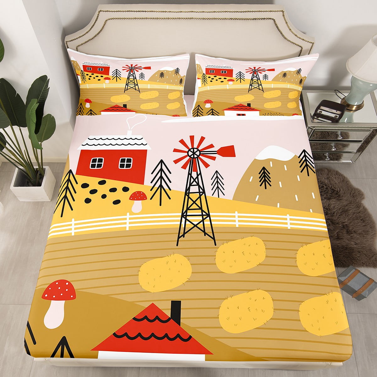 Garden Windmill Fitted Sheet Cute Red Mushroom Bed Sheets Country ...