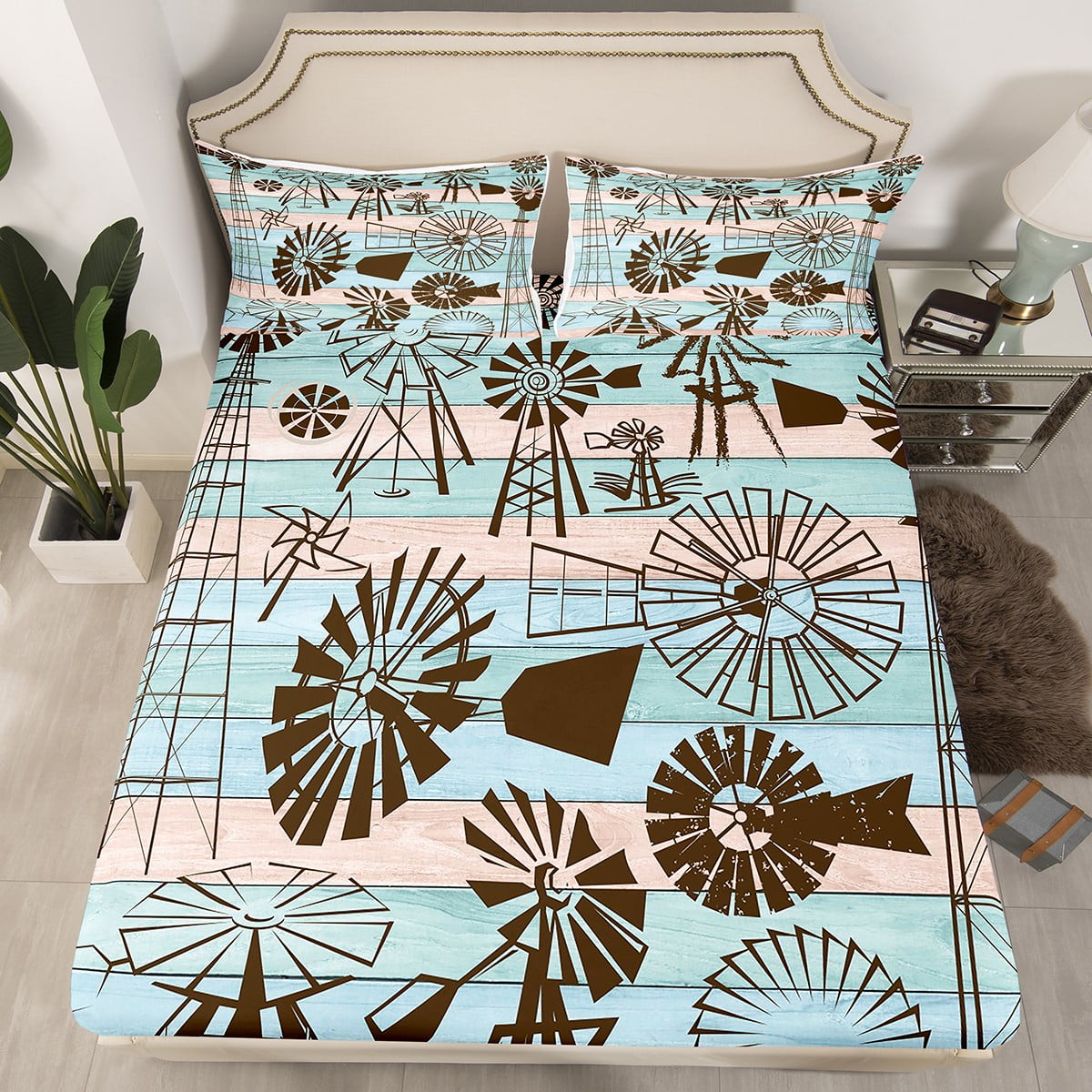 Garden Windmill Fitted Sheet Windmill Decor Farmhouse Bed Sheets Full ...