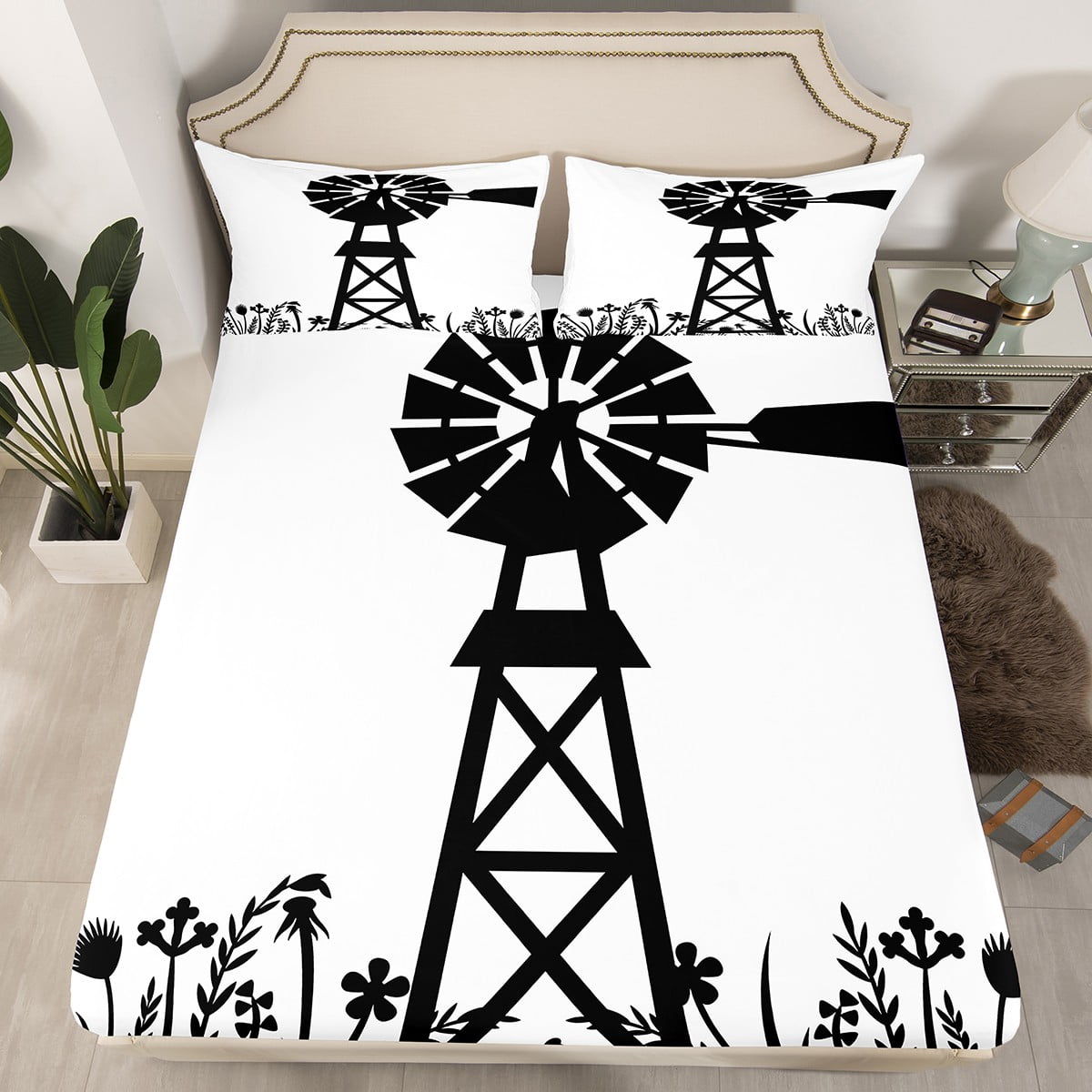 Garden Windmill Fitted Sheet Windmill Decor Farmhouse Bed Sheets Full ...