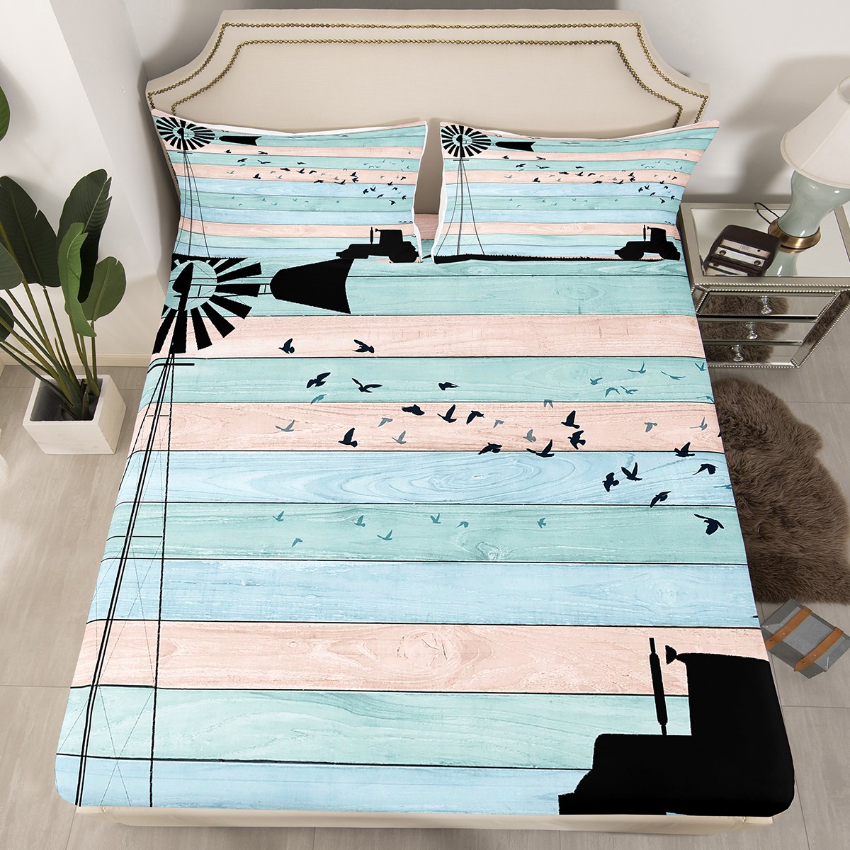 Garden Windmill Fitted Sheet Windmill Decor Farmhouse Bed Sheets Queen ...