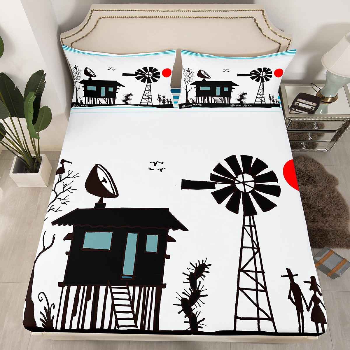 Garden Windmill Fitted Sheet Queen Windmill Decor Farmhouse Bed Sheets ...