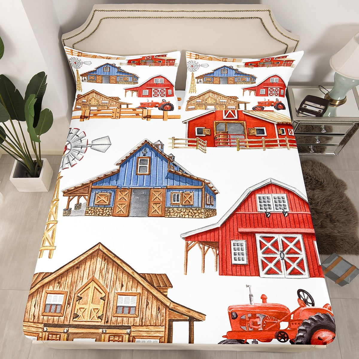 Garden Windmill Fitted Sheet Windmill Decor Farmhouse Bed Sheets Red ...