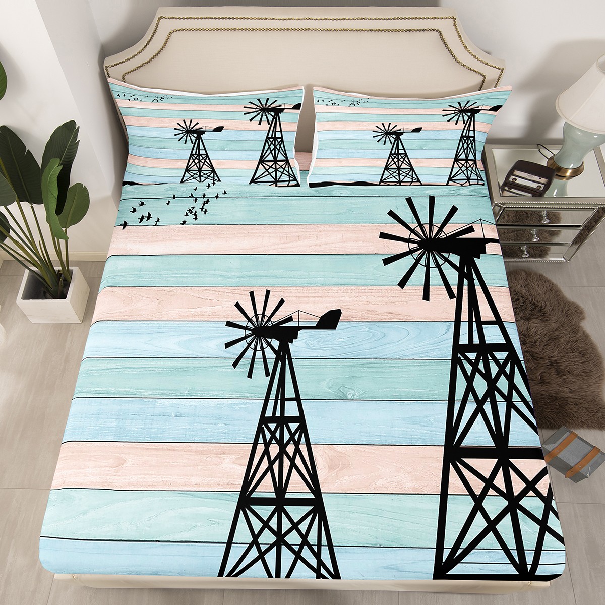 Garden Windmill Fitted Sheet Windmill Decor Farmhouse Bed Sheets Twin ...